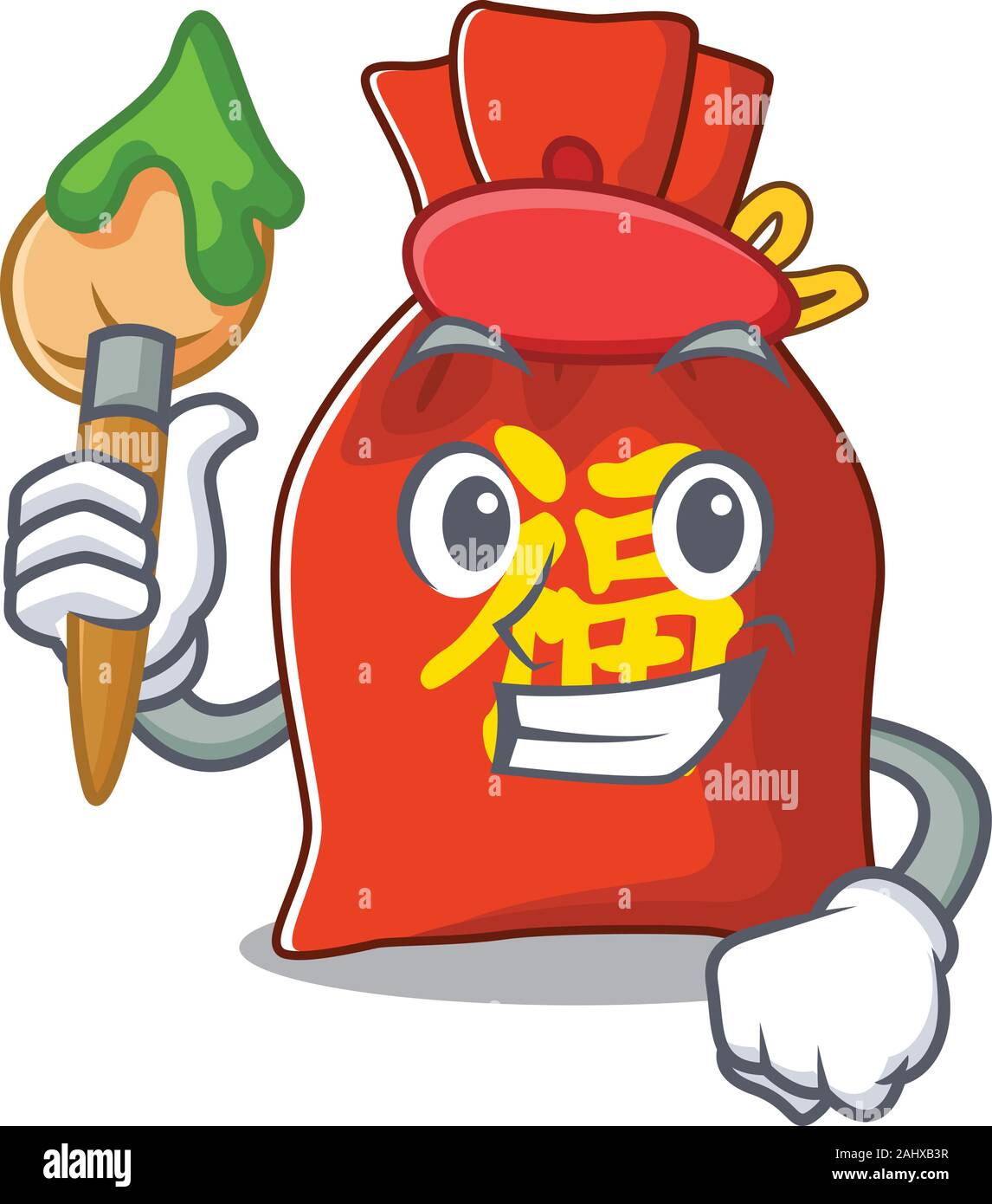 Funny chinese money bag Scroll Artist cartoon character holding brush ...