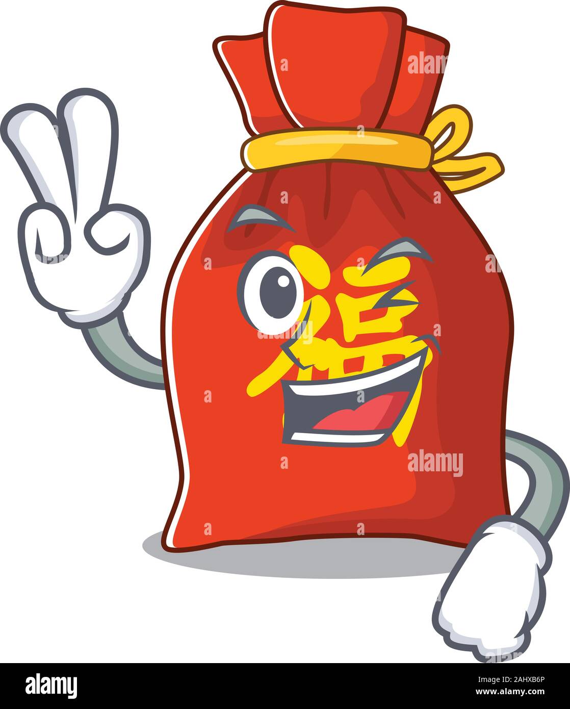 Funny chinese money bag Scroll cartoon Character with two fingers Stock ...