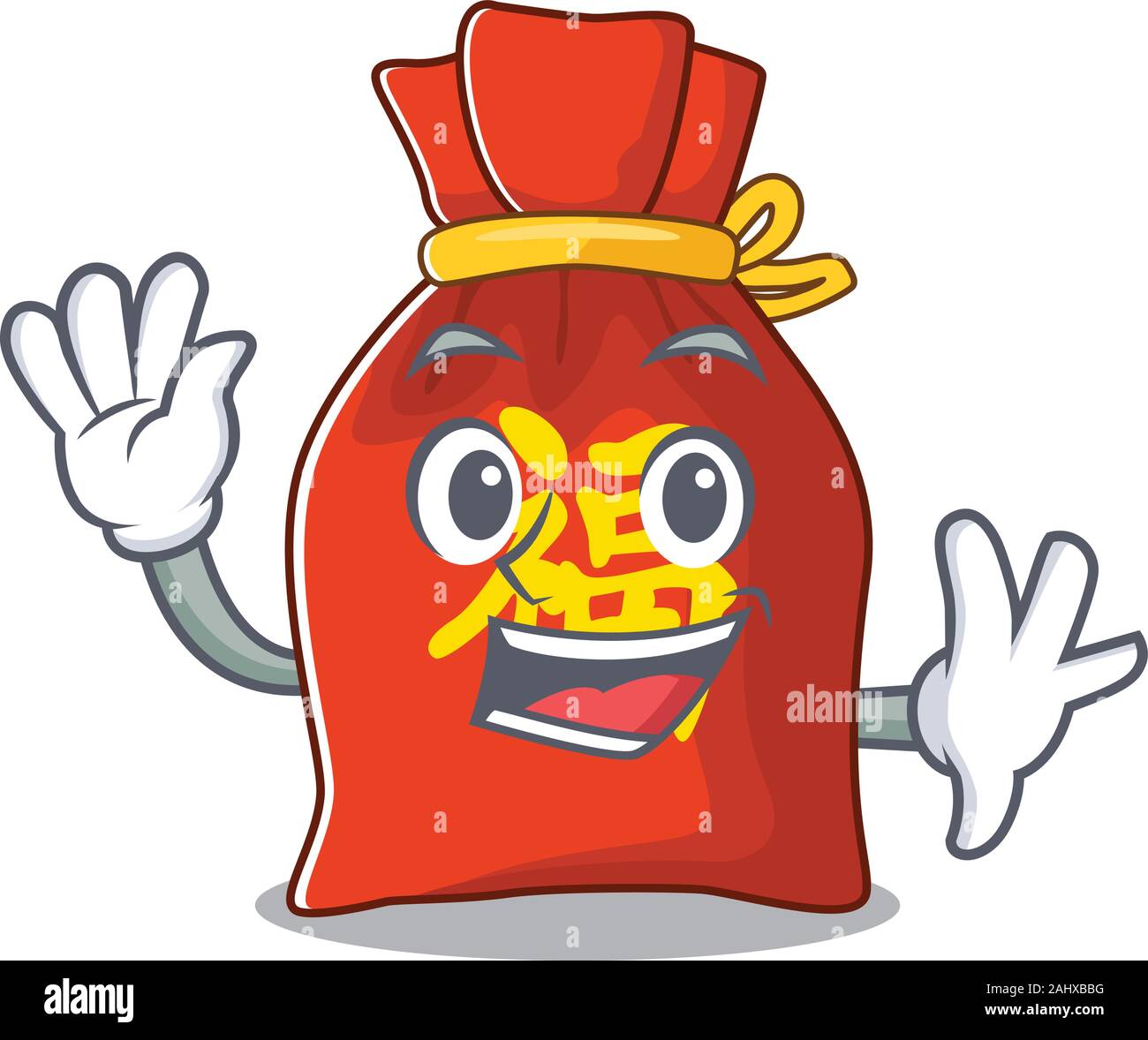 Waving cute smiley chinese money bag Scroll cartoon character design ...