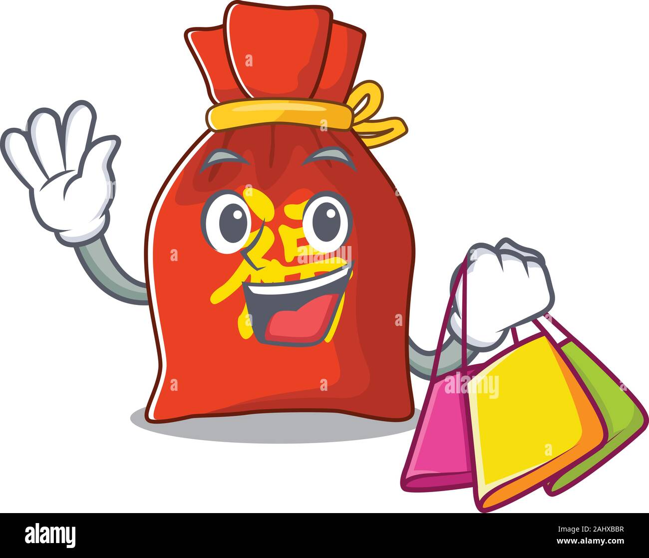 Happy face chinese money bag Scroll mascot style waving and holding ...