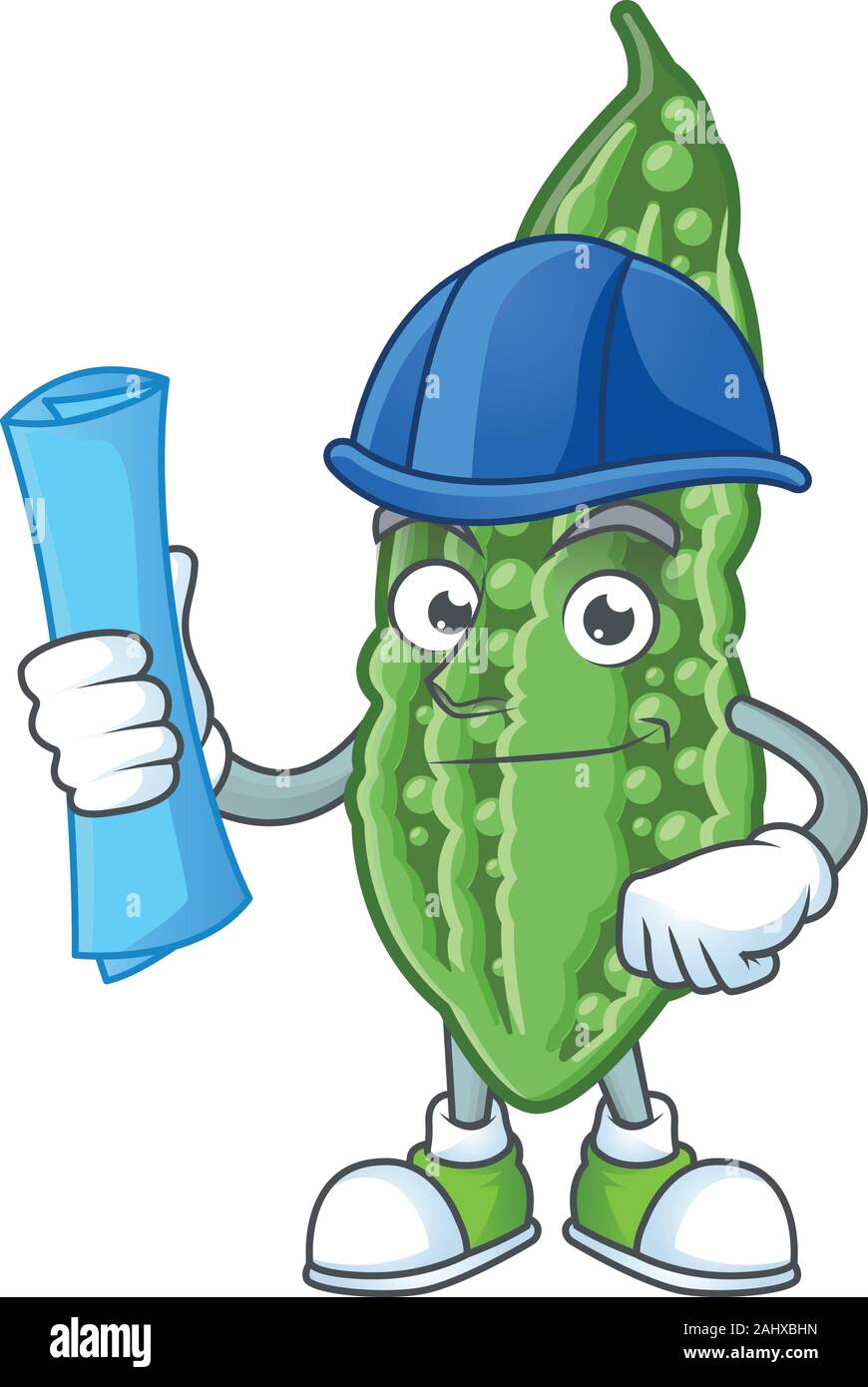 Cheerful Architect bitter melon cartoon character having blue prints ...
