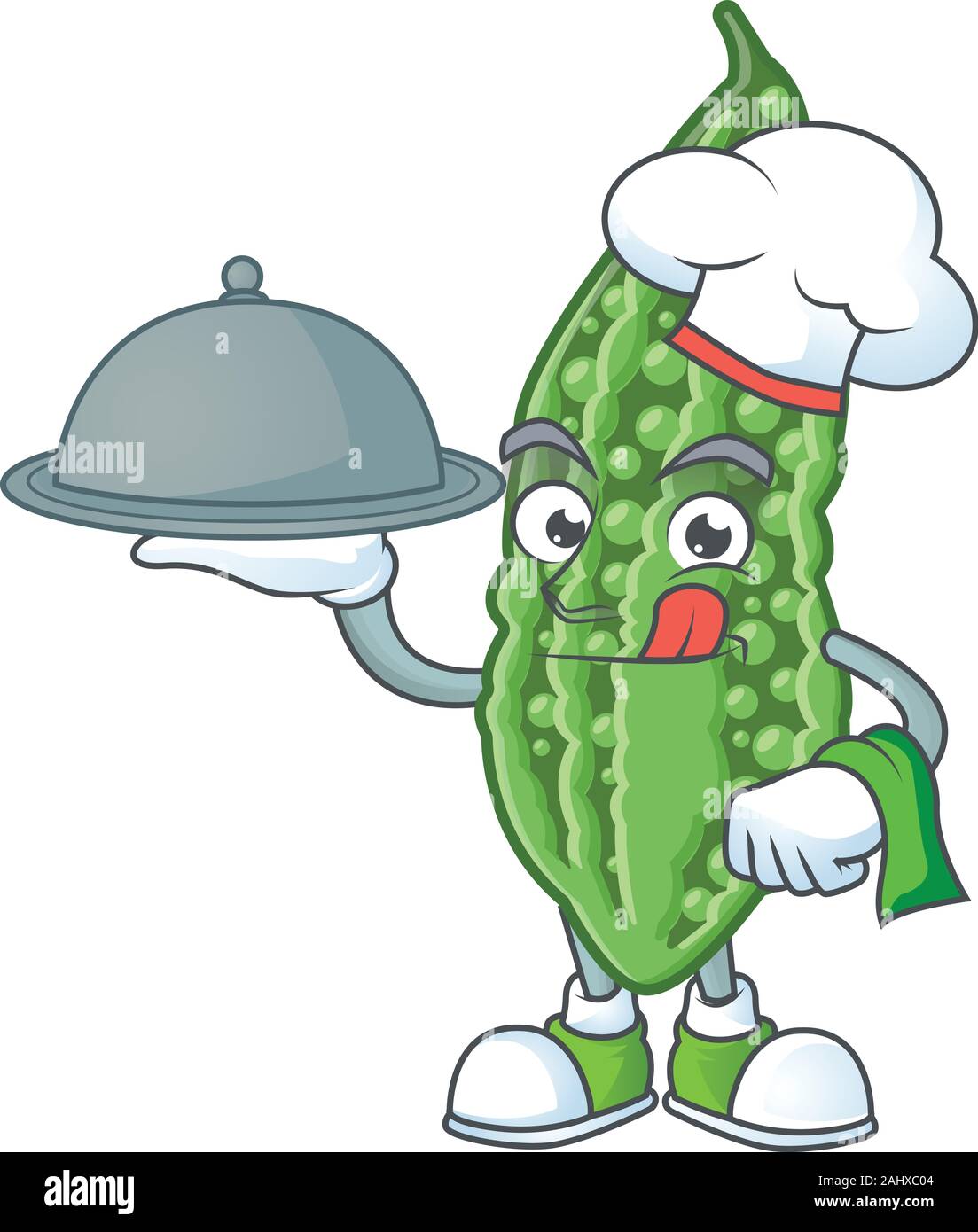 Cute bitter melon as a Chef with hat and tray cartoon style design ...