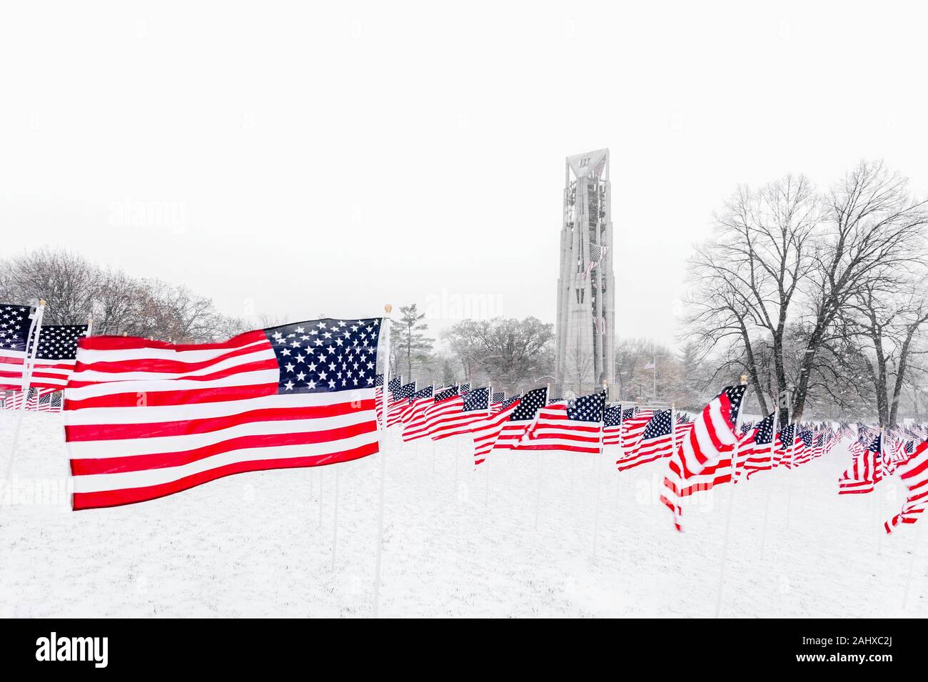 American flags in a winter scene Stock Photo - Alamy