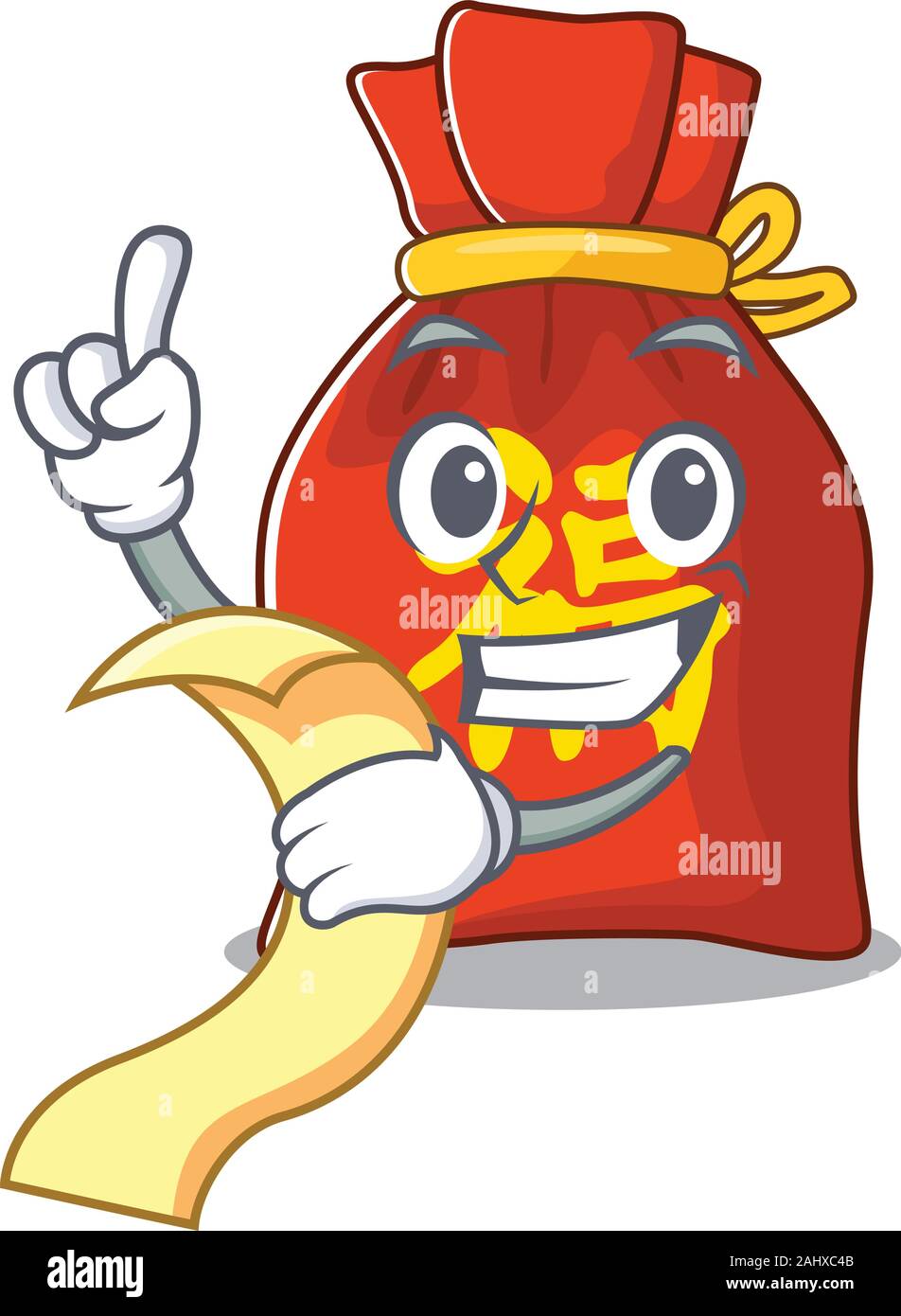 Chinese money bag Scroll cartoon character holding menu ready to serve ...