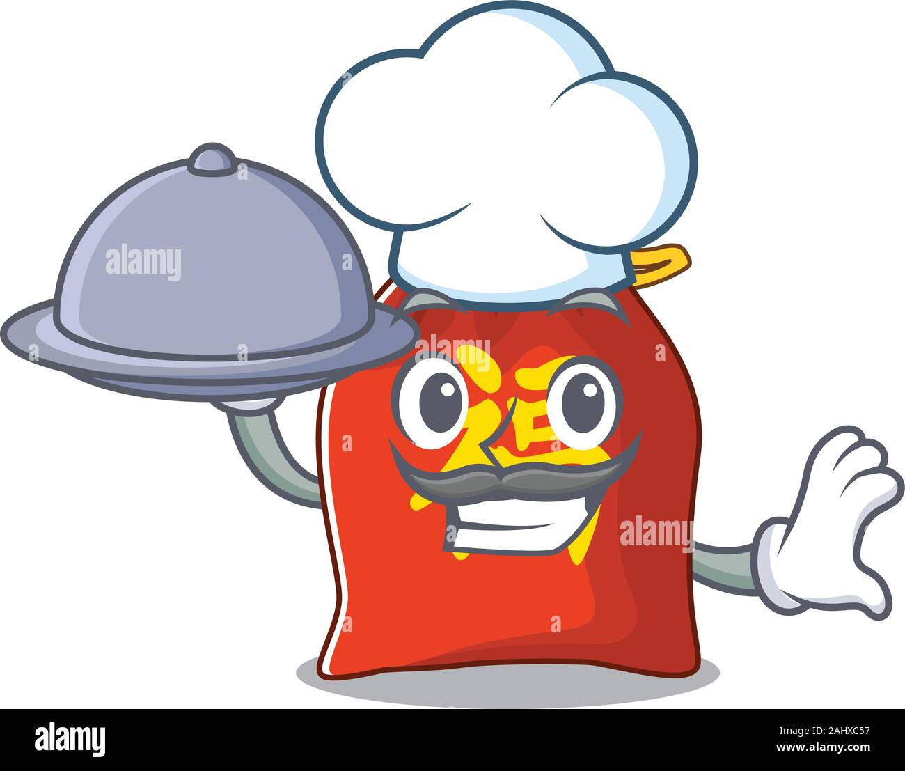 cartoon design chinese money bag Scroll as a Chef with food on tray ...