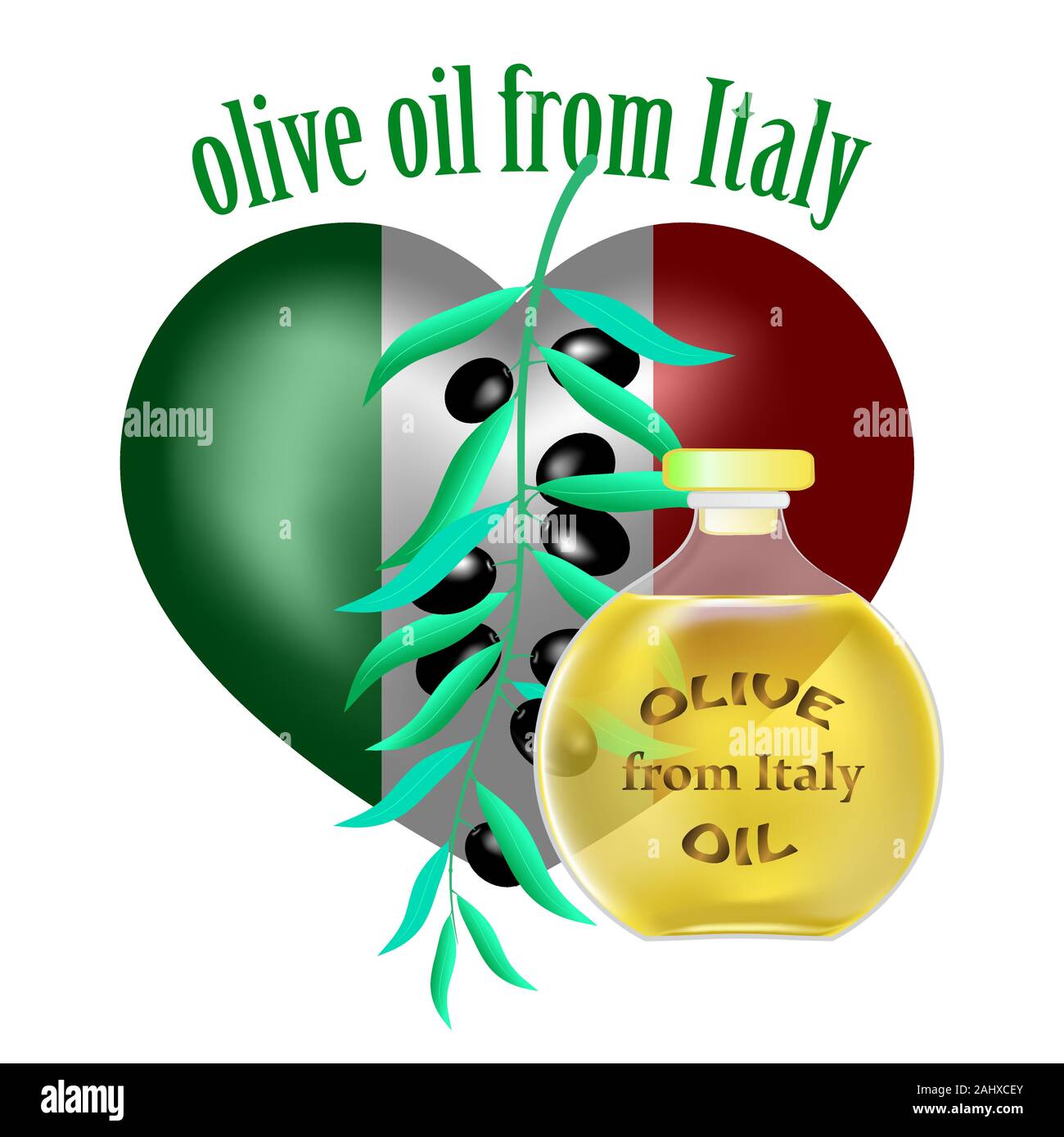 olive oil from Italy. olive oil bottle and olives on branch. flag of ...