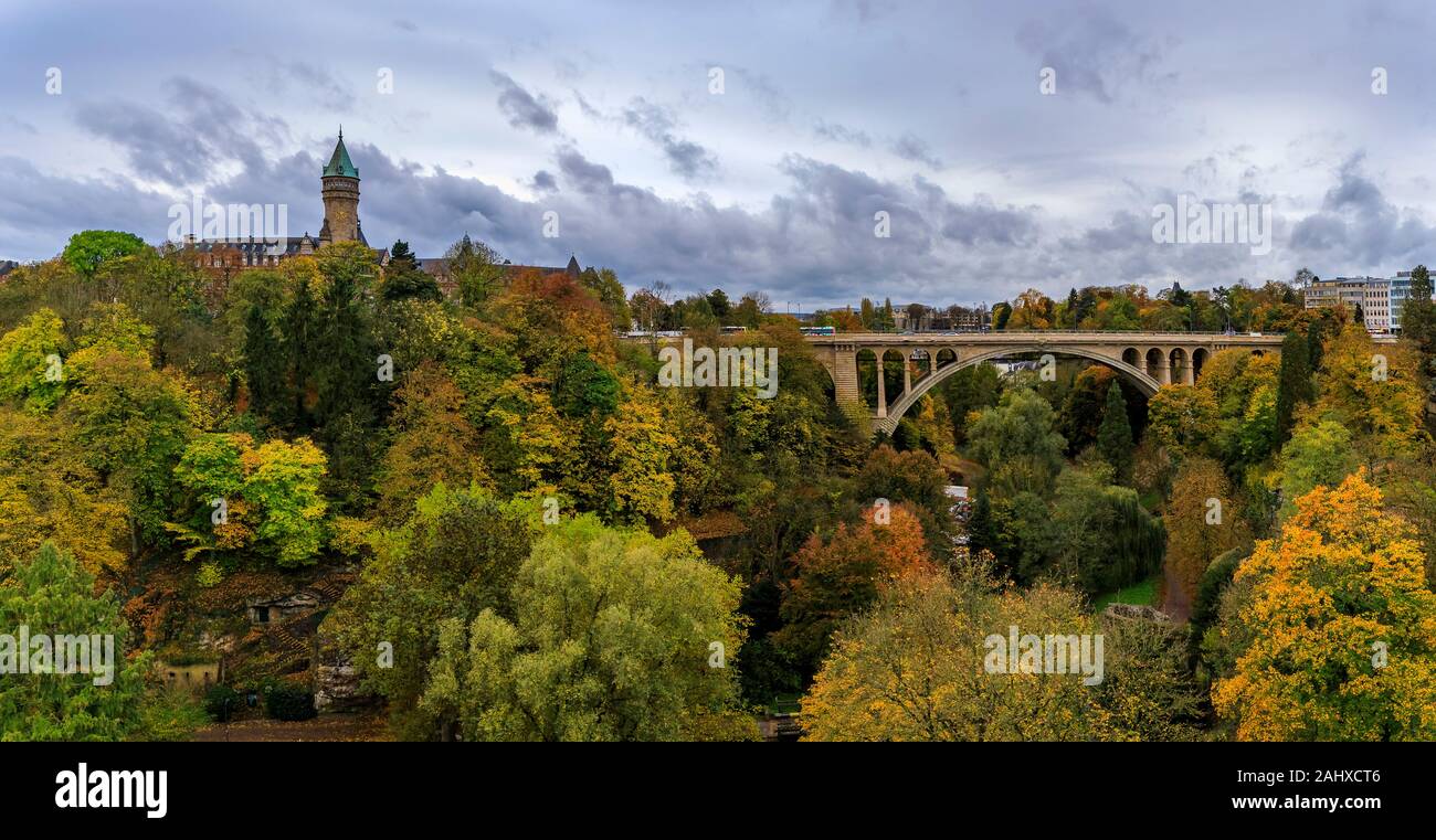 Aerial view of the Adolphe Bridge across the Petrusse and BCEE or ...
