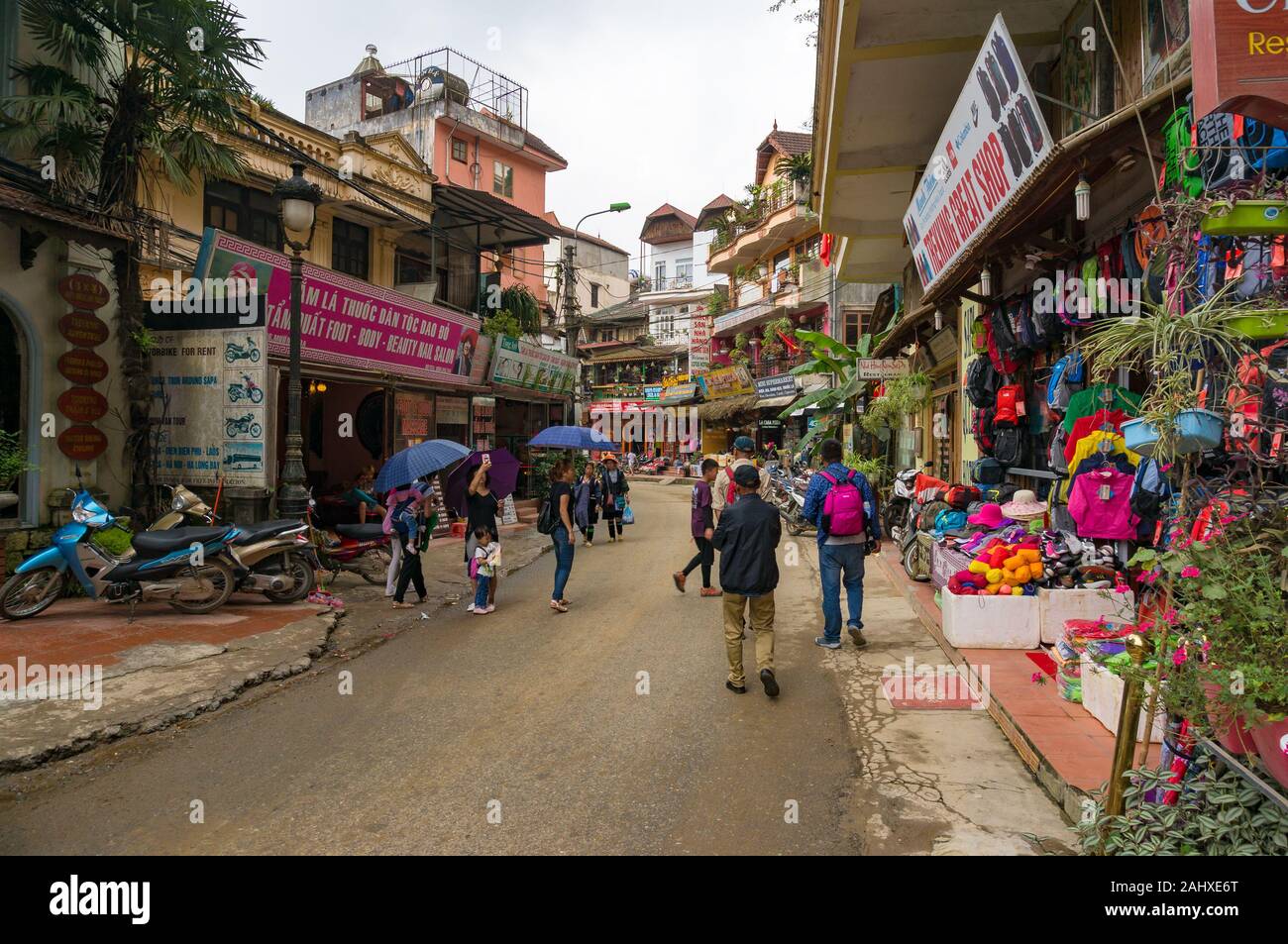 Sapa, Vietnam - August 19, 2017: Street in SaPa town in Vietnam. SaPa ...