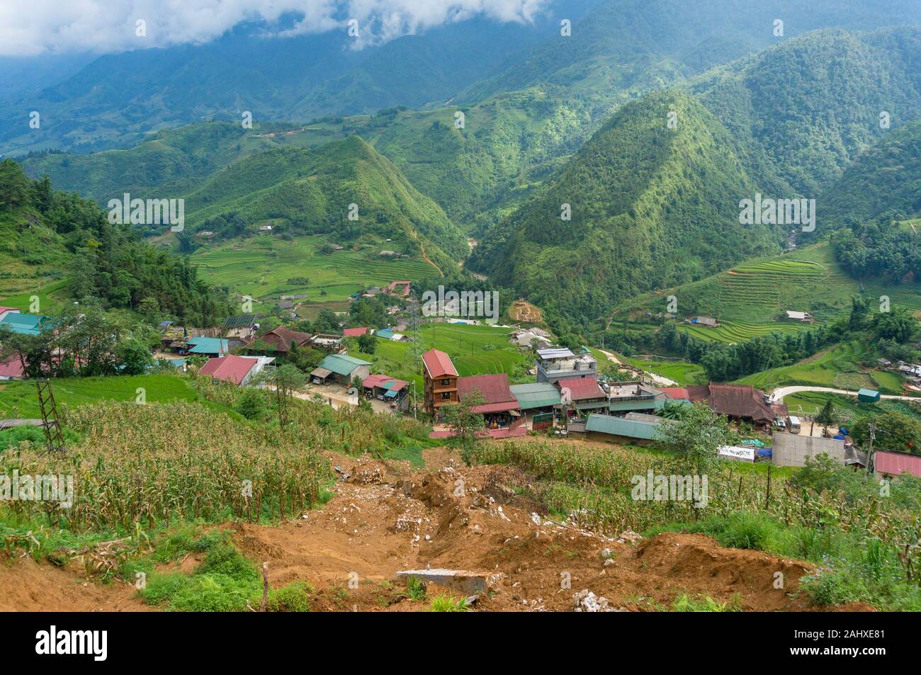 Aerial view of Asian countryside landscape with farmlands and rice ...
