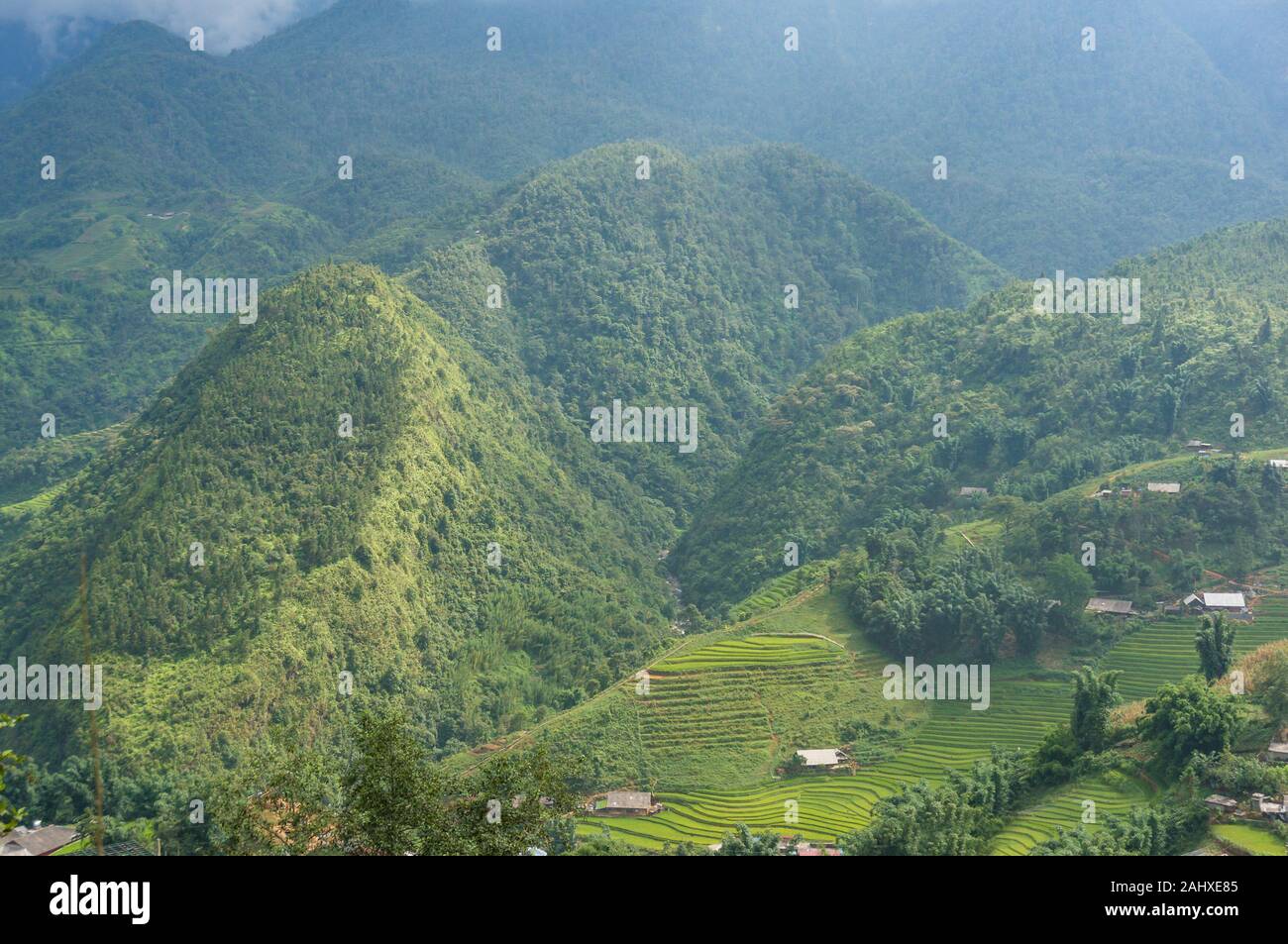 Stunning aerial view of mountain village and rice terraces. Nature ...