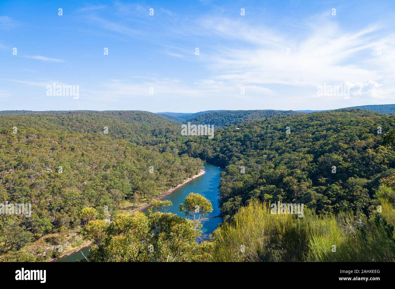 Aerial view on vast forest with river on sunny day. Nature background ...