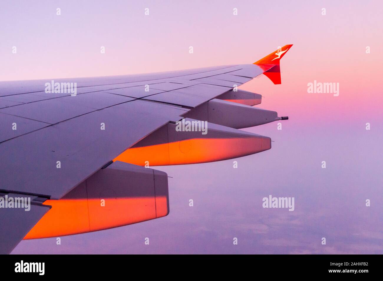 View of the starboard wing of a Qantas Airbus A380 airliner approaching ...