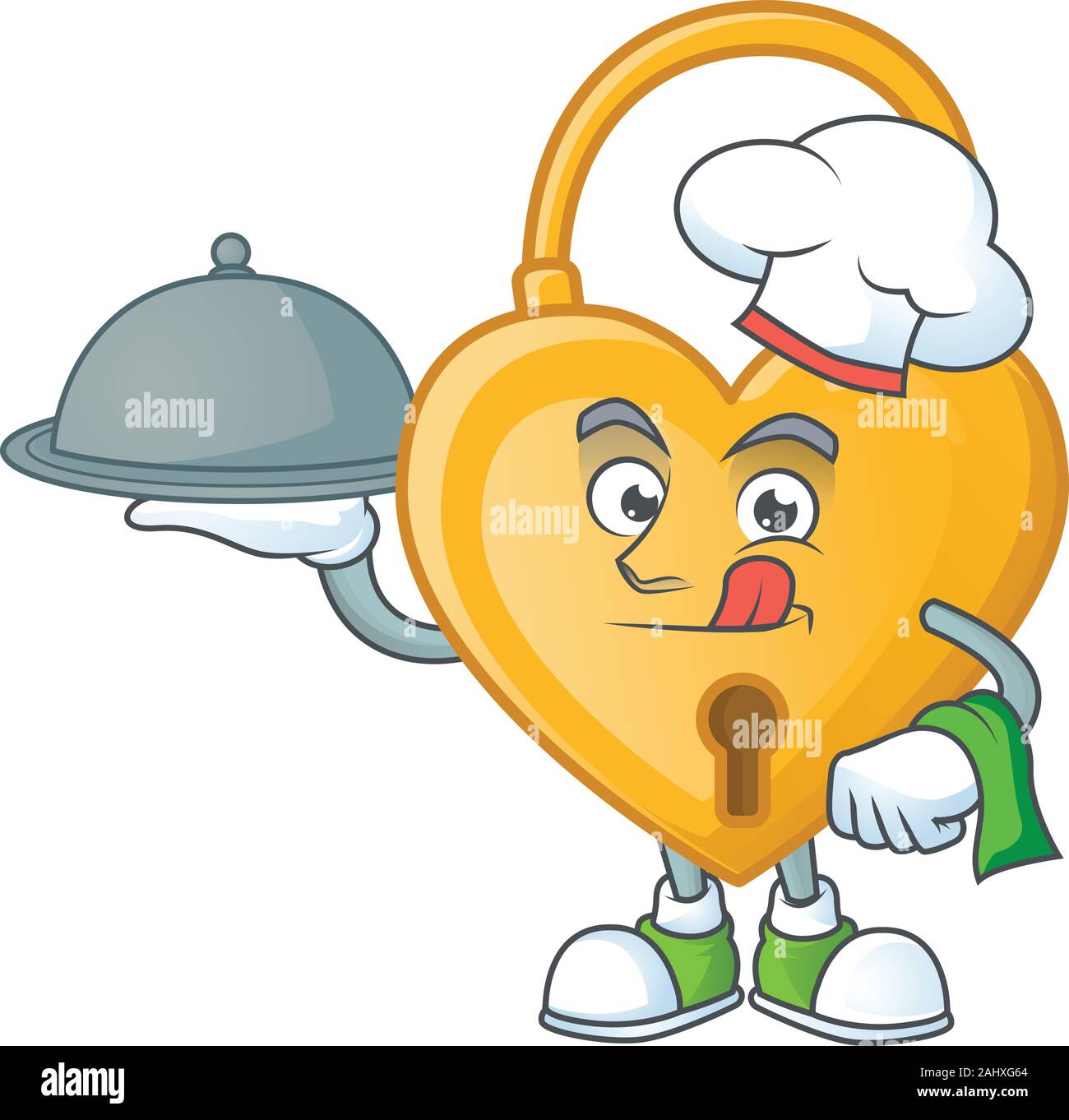 Cute love padlock as a Chef with hat and tray cartoon style design ...