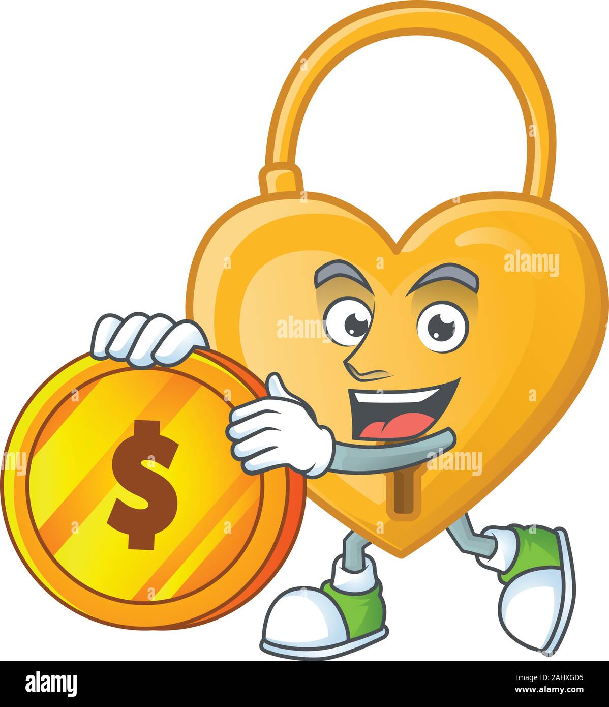 happy face love padlock cartoon character with gold coin Stock Vector ...