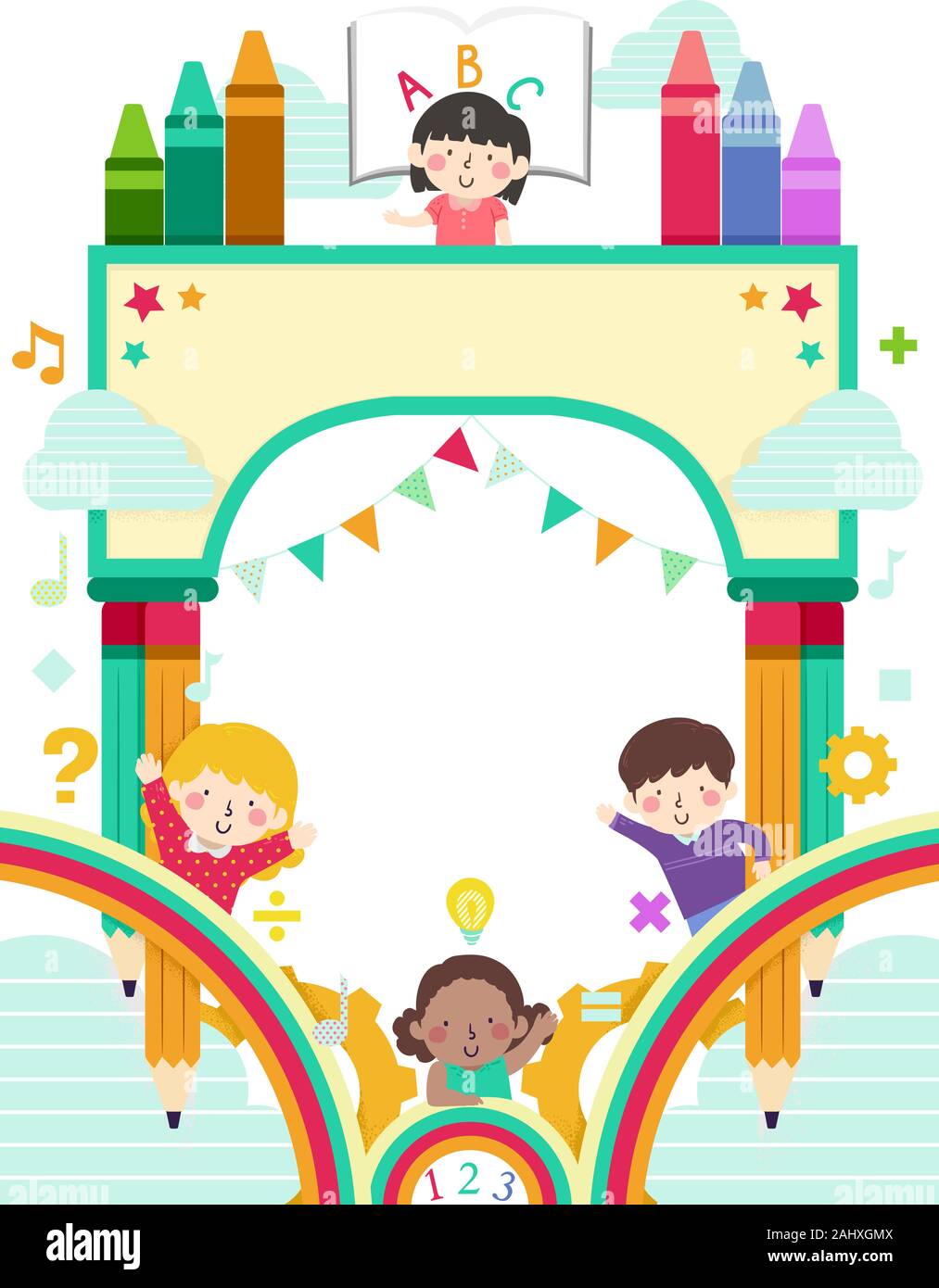 Background Illustration of Kids Waving and Welcome Arch with Crayons ...