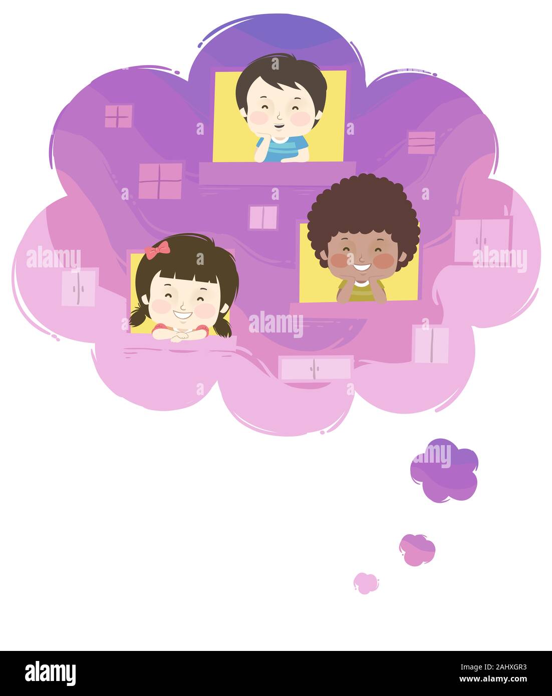 Illustration of Kids Smiling From Inside Windows of a Thinking Cloud ...