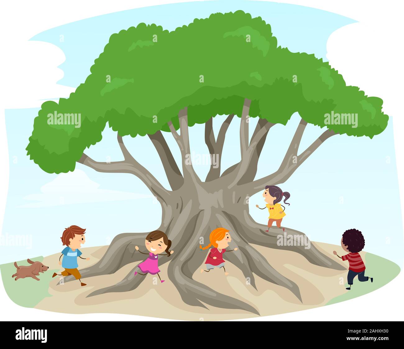 Illustration of Stickman Kids Playing By a Huge Silk Cotton Tree Stock ...