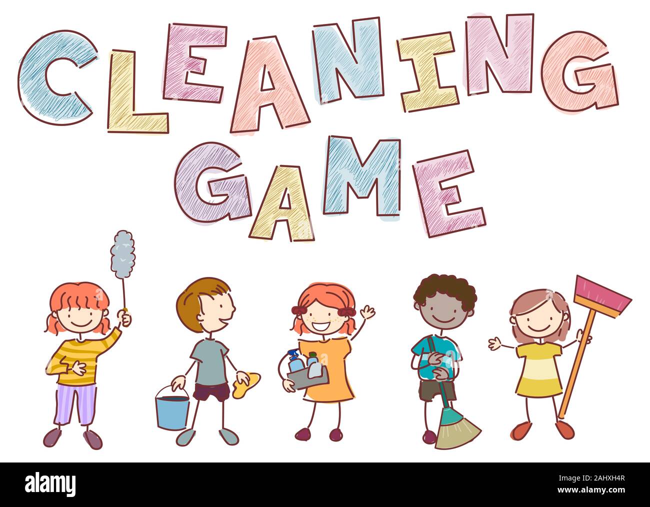 Illustration of Stickman Kids with Broom, Duster, Pail, Sponge and ...