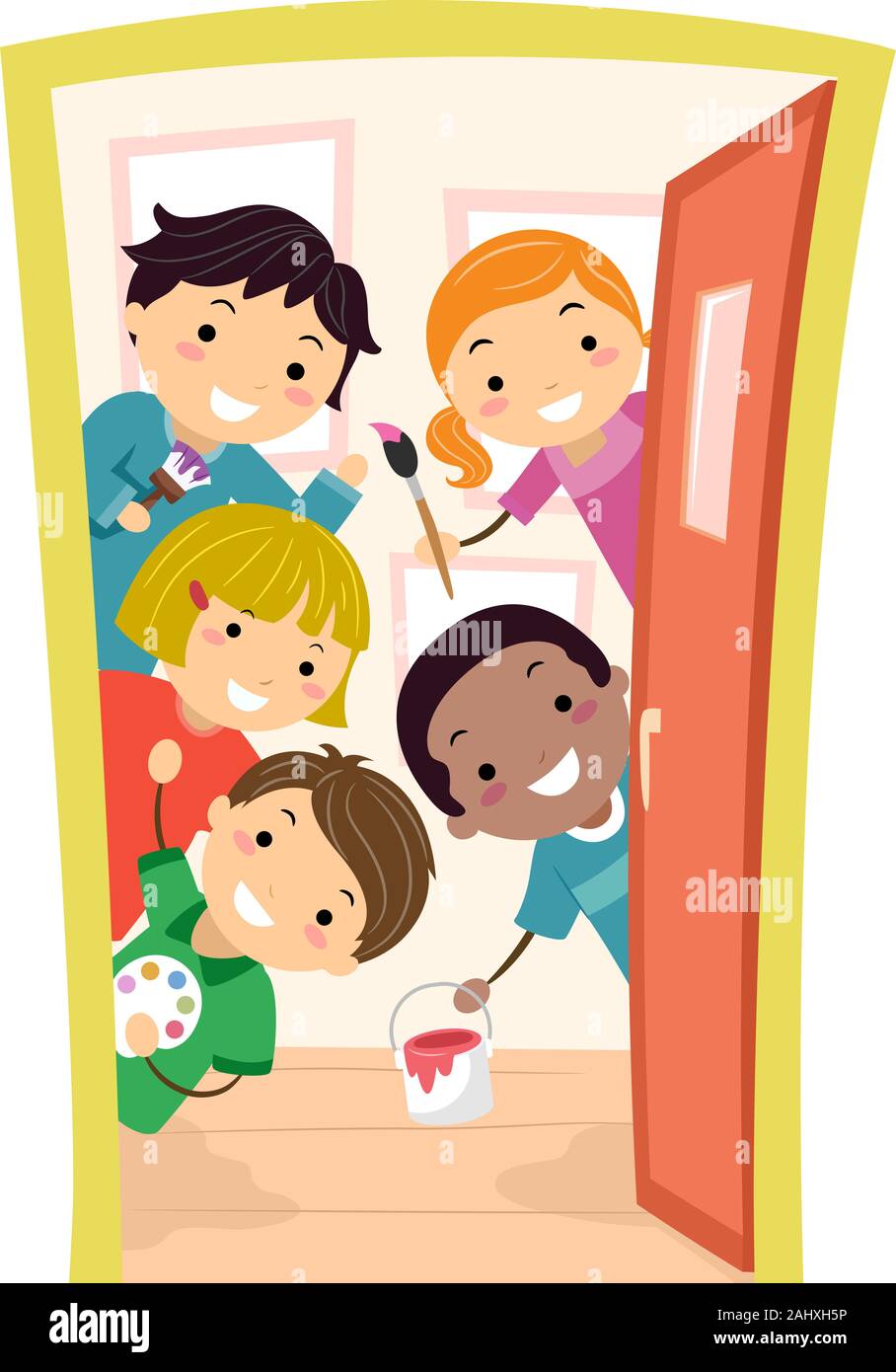 Illustration of Stickman Kids Looking Out From Inside an Art Club Door ...