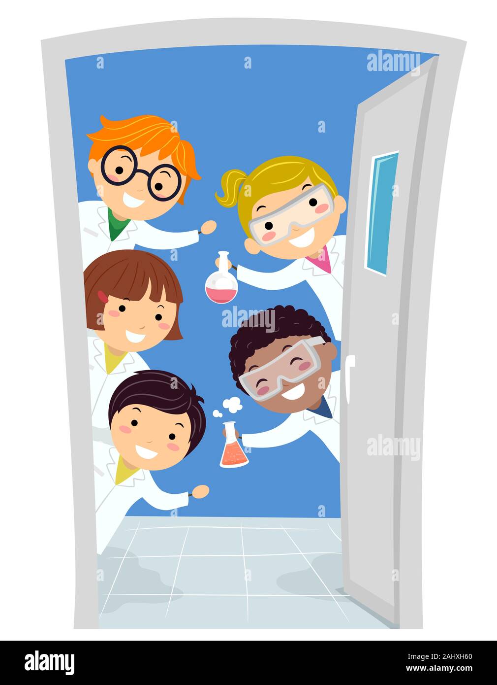 Illustration of Stickman Kids Looking Out From Inside a Chemistry ...