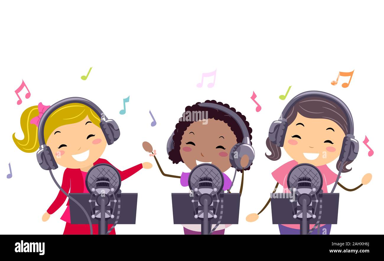 Illustration of Stickman Kids Girls Recording a Song In a Studio, Using ...