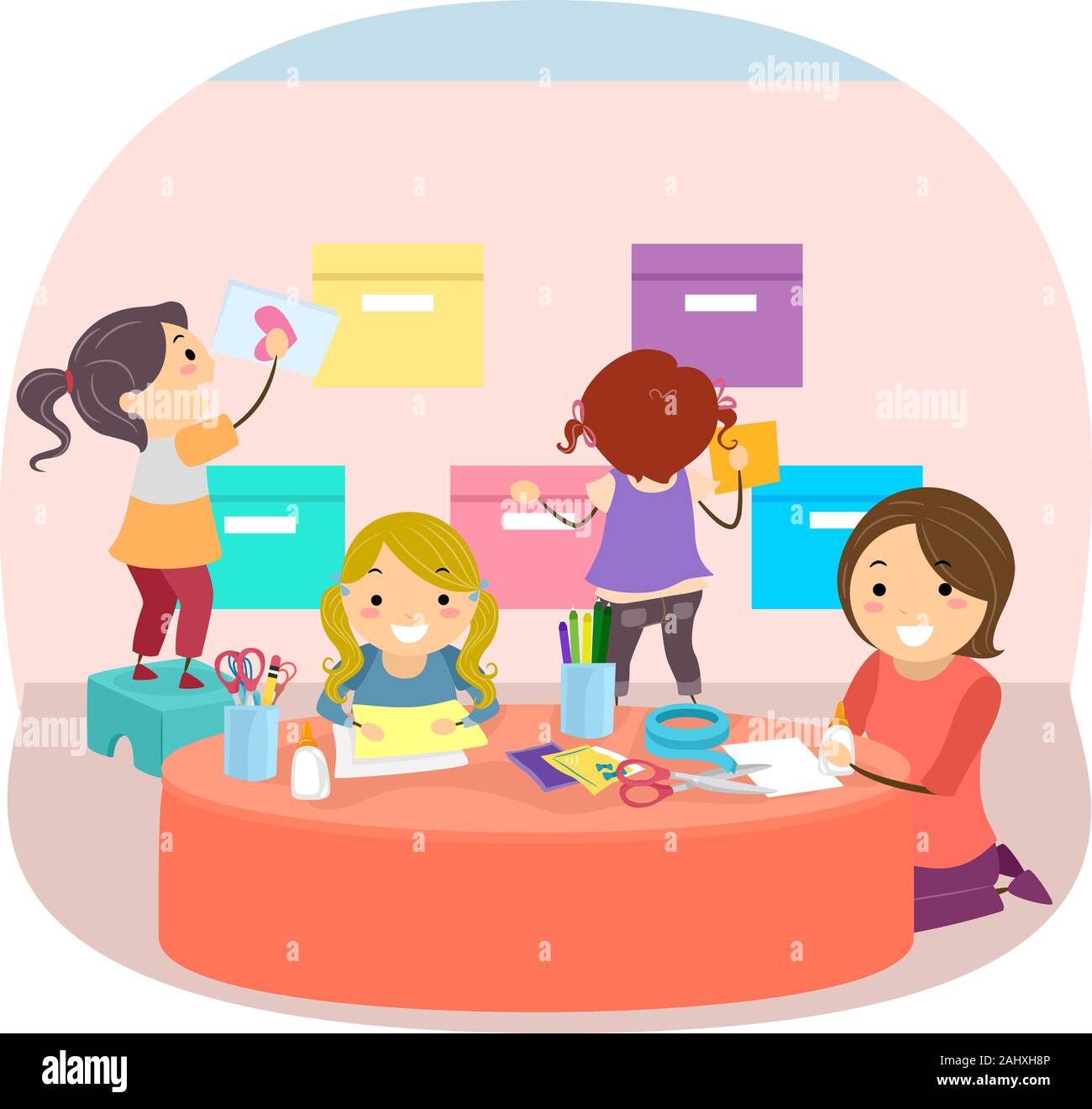 Illustration of Stickman Kids Girls Making and Sending Mail During ...