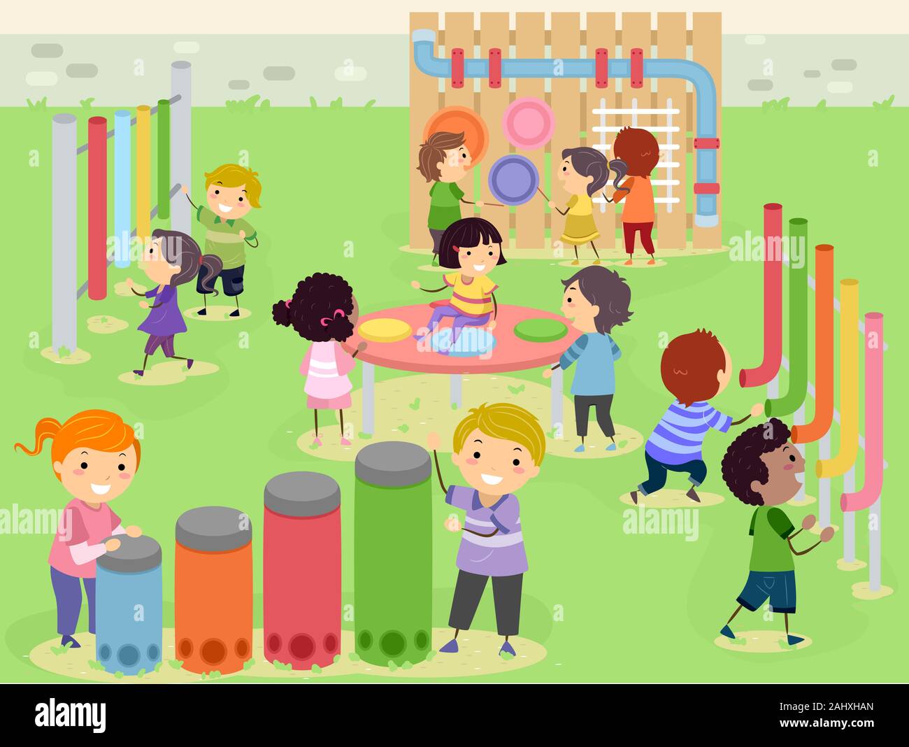 Illustration of Stickman Kids Playing in a Musical and Sensory Garden ...