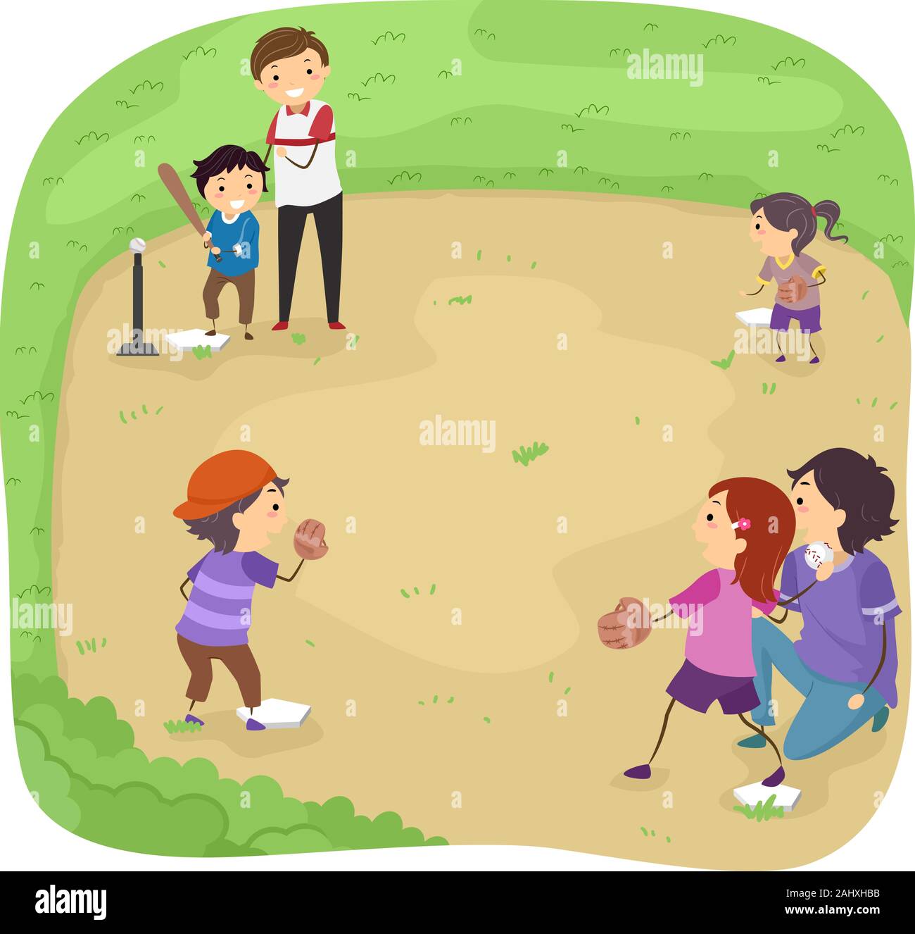 Illustration of Stickman Kids Playing Tee Ball Out in the Field with ...
