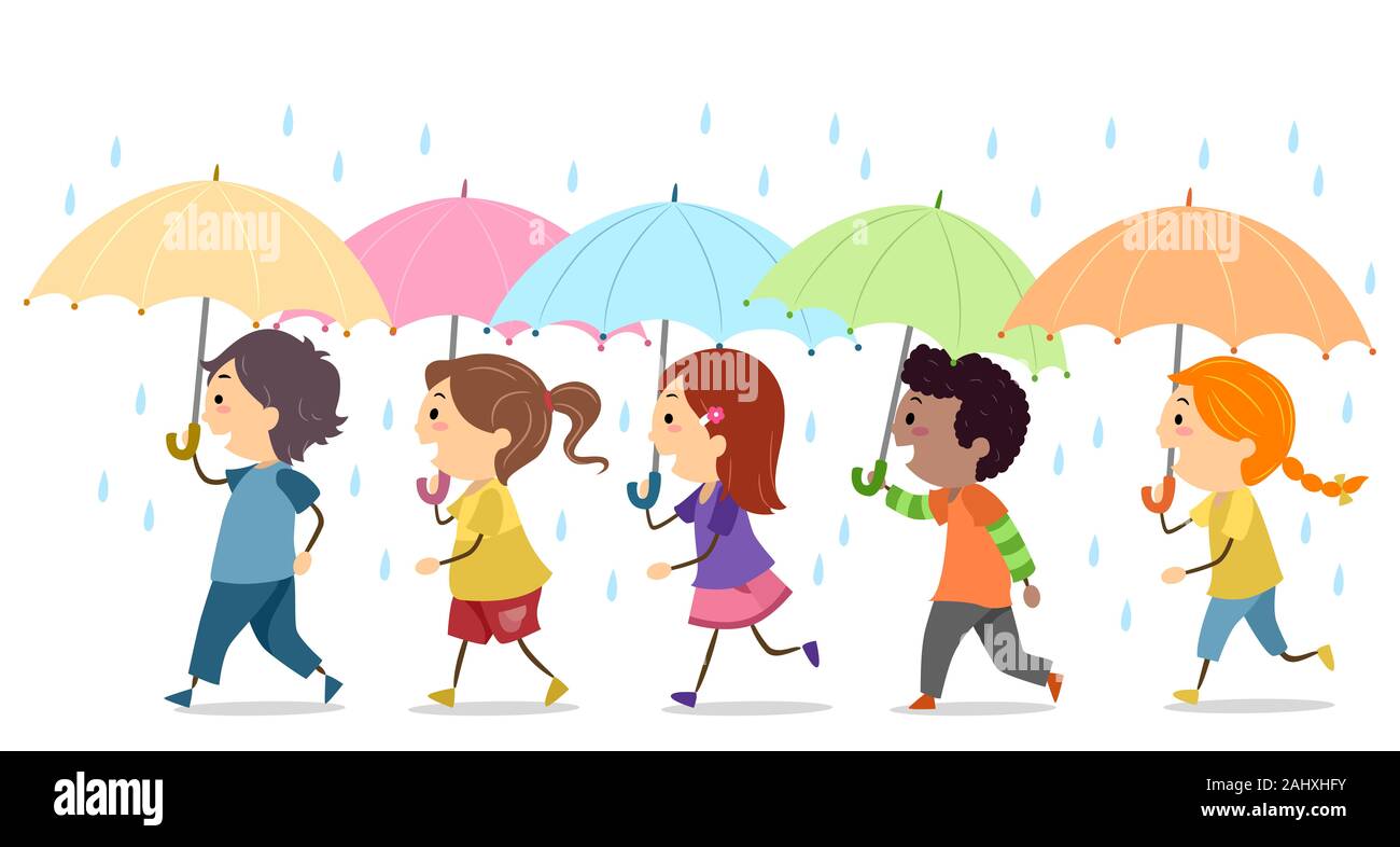 Illustration of Stickman Kids Walking Holding an Umbrella Under the ...