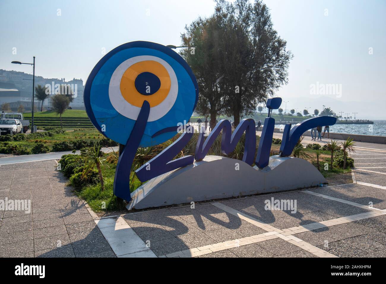 Izmir, Turkey. Sign with the logo of the city of Izmir in front of the ...