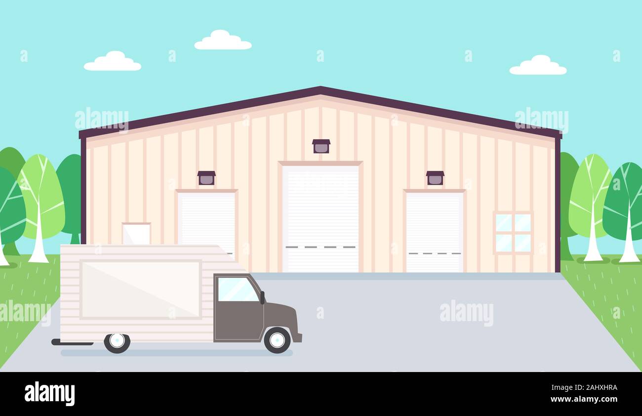 Illustration of a Warehouse with a Delivery Truck Outside Stock Photo ...