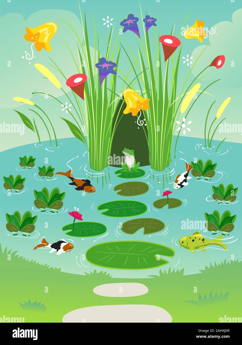 Illustration of a Pond Full of Pond Lilies, Grasses, Flowers with Fish ...