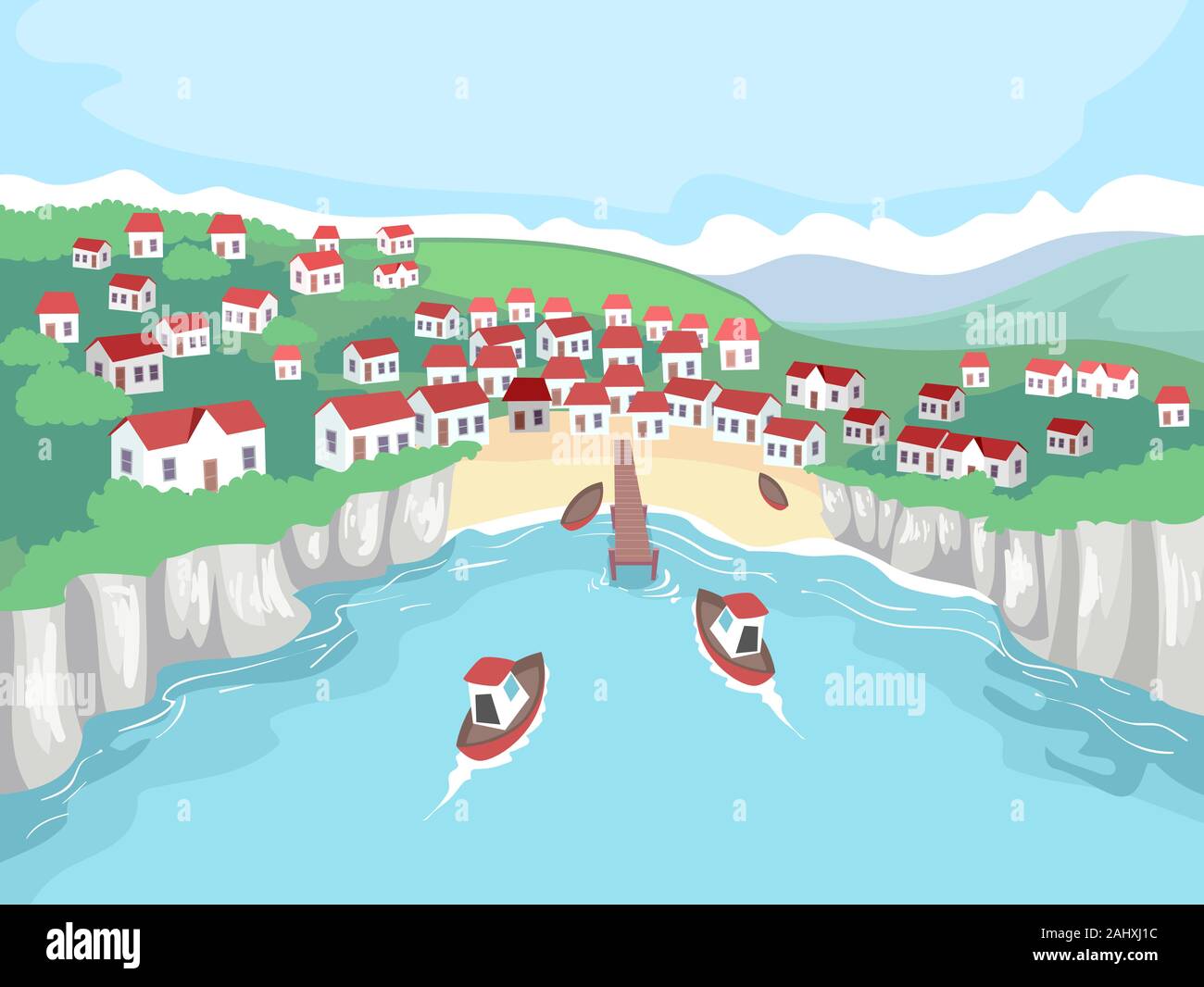 Illustration of a Seaside Village with Houses, Boats and Cliffs Stock ...