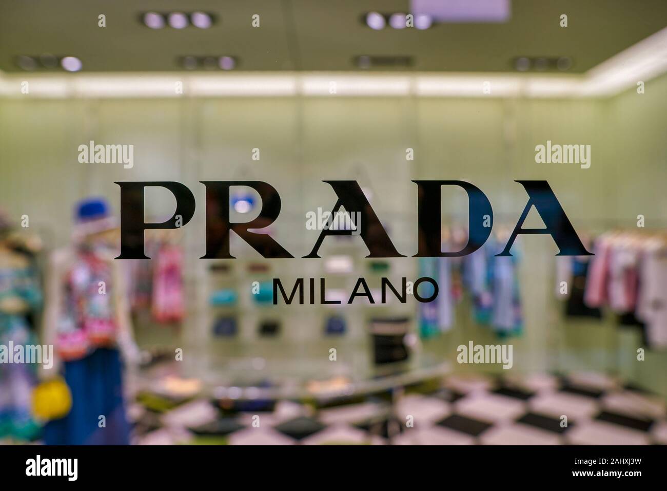 SINGAPORE - CIRCA APRIL, 2019: close up shot of Prada sign seen in The ...