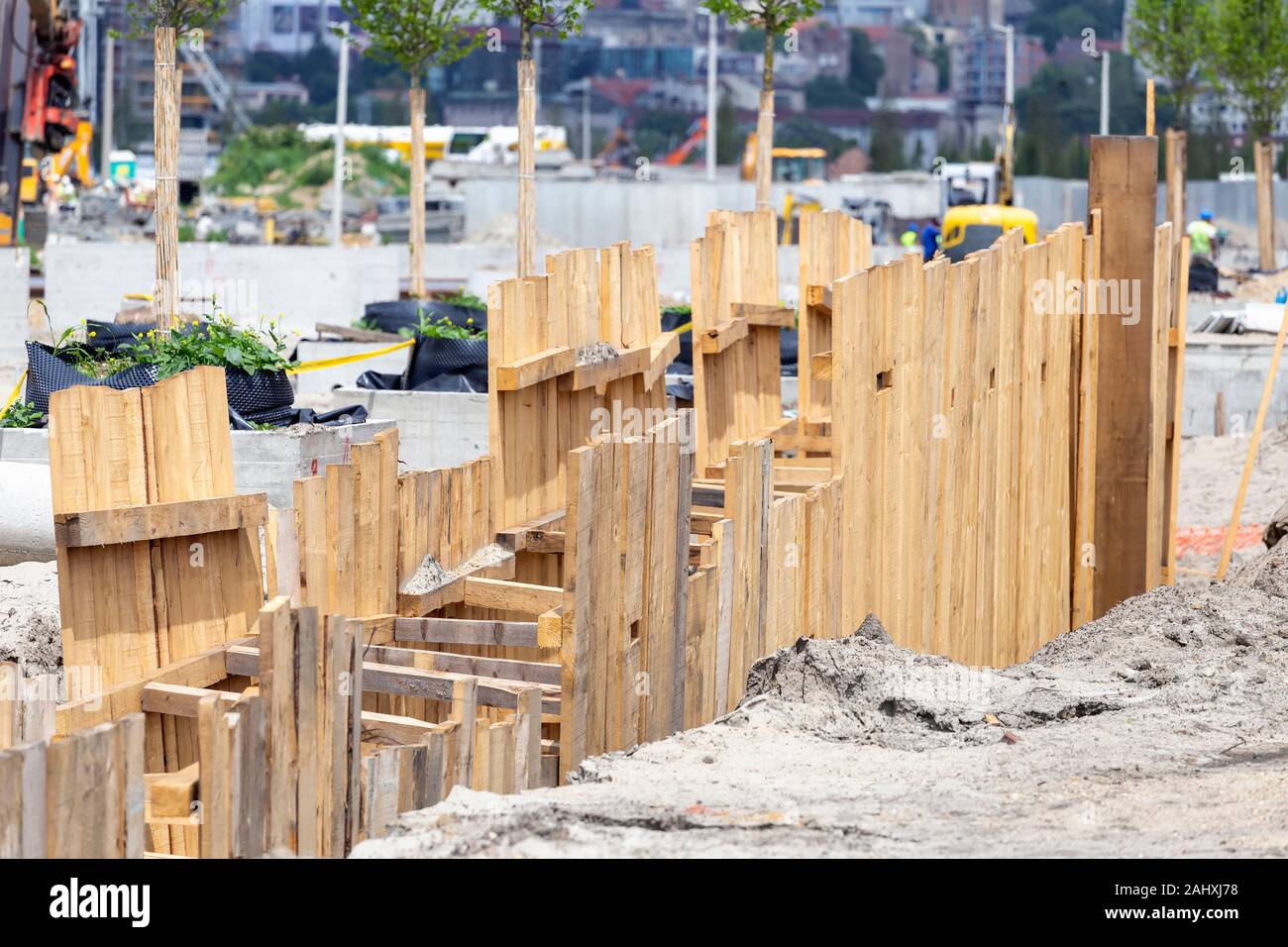 Wooden supports to protect the walls of the trench from collapsing ...