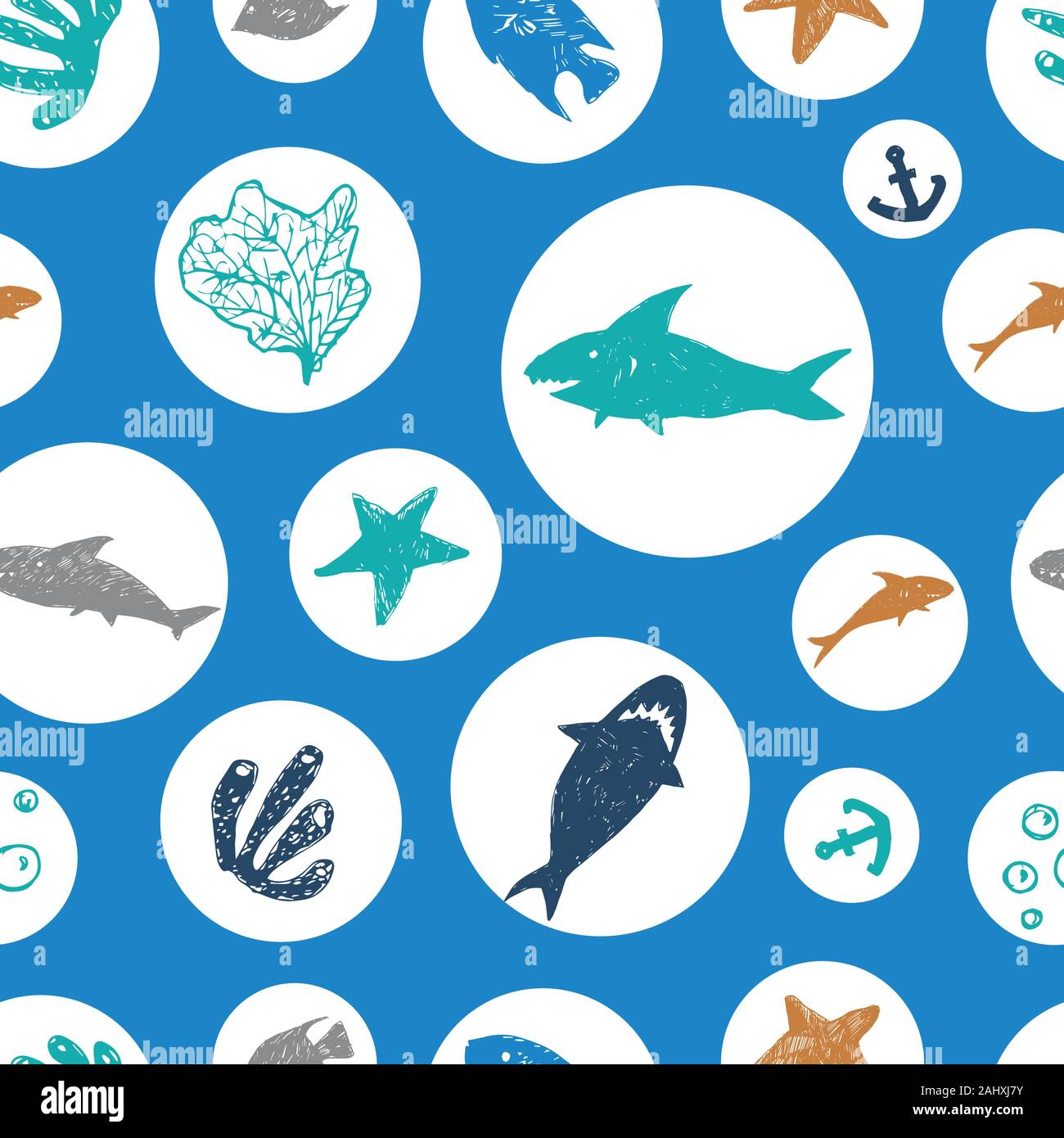 Vector blue circles with colourful cute shark pen sketch repeat pattern ...