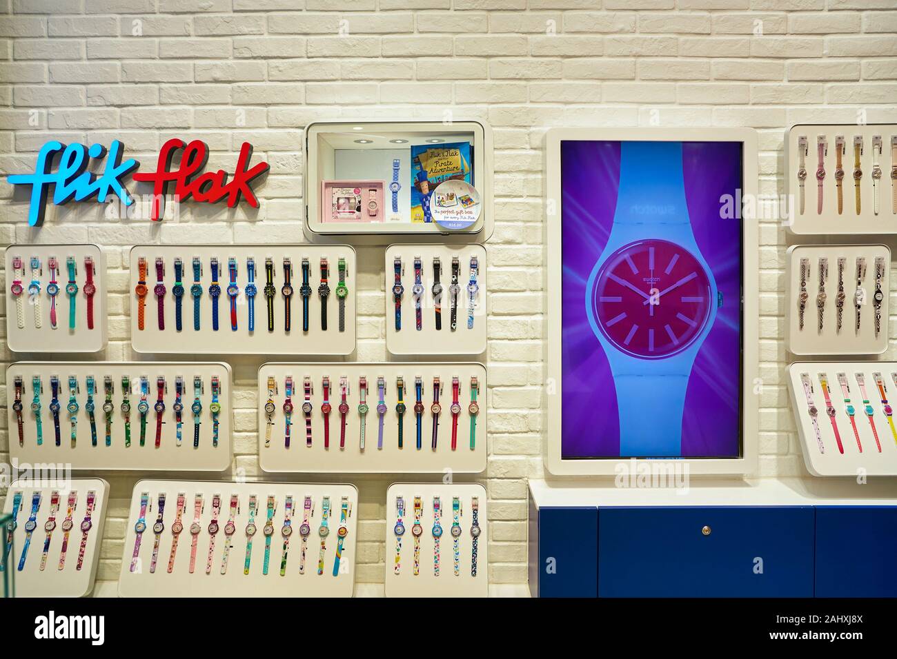 SINGAPORE - CIRCA APRIL, 2019: interior shot of Swatch store in the ...