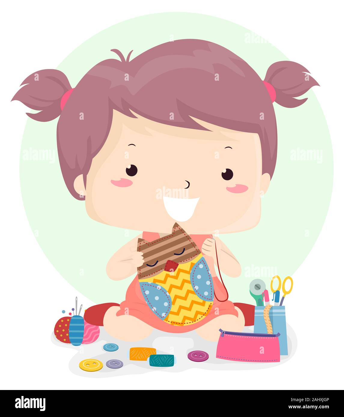 Illustration of a Kid Girl Making an Owl Toy Using Cloth, Thread ...