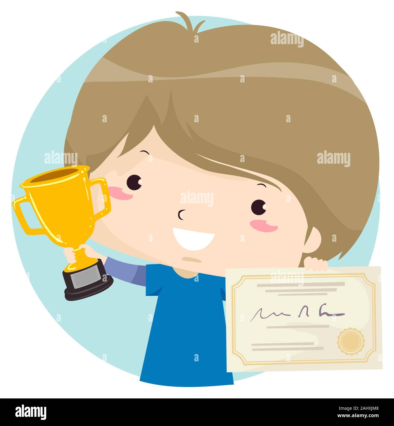 Illustration of a Kid Boy Showing His Trophy and Certificate for ...