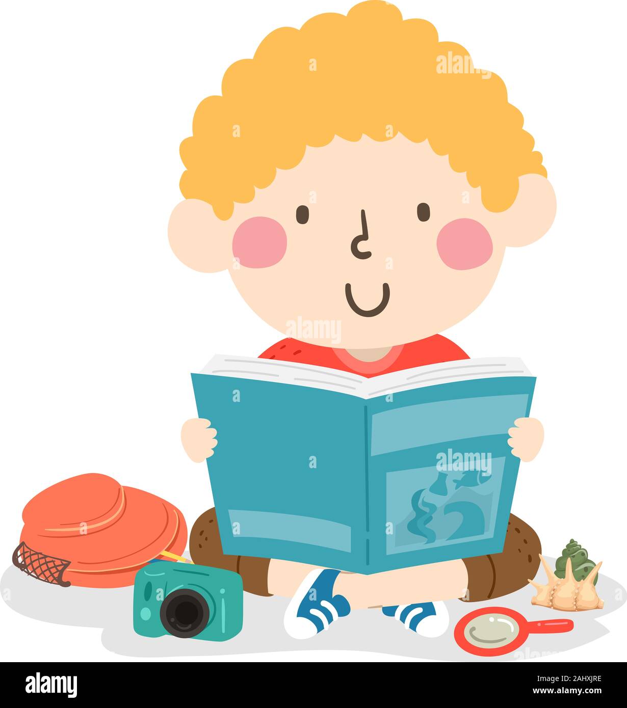 Illustration of a Kid Boy Reading a Book About the Ocean and Marine ...