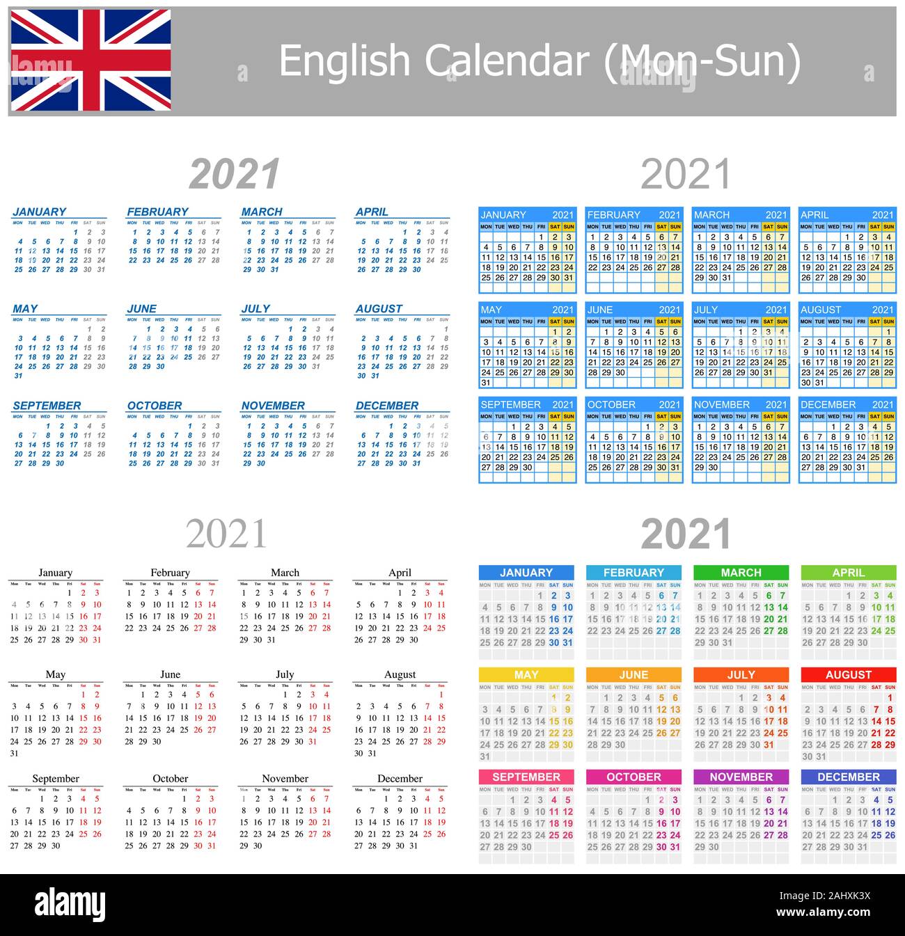 2021 English Mix Calendar Mon-Sun on white background Stock Vector ...