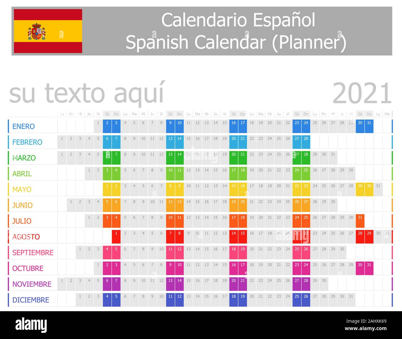 2021 Spanish Planner Calendar with Horizontal Months on white ...