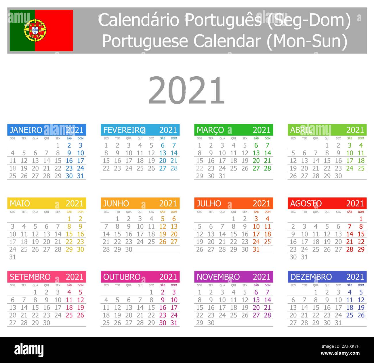 2021 Portuguese Type-1 Calendar Mon-Sun on white background Stock ...