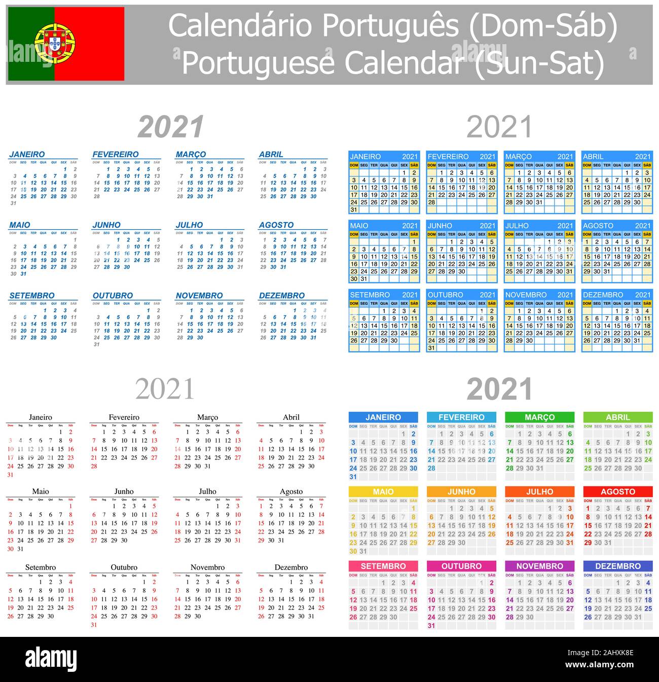 2021 Portuguese Mix Calendar Sun-Sat on white background Stock Vector ...