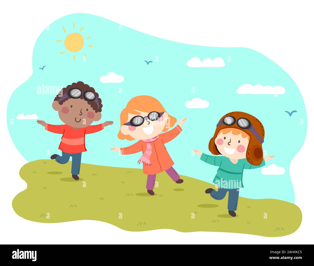 Illustration of Kids with Arms Up Pretending to Fly Outdoors, Wearing ...