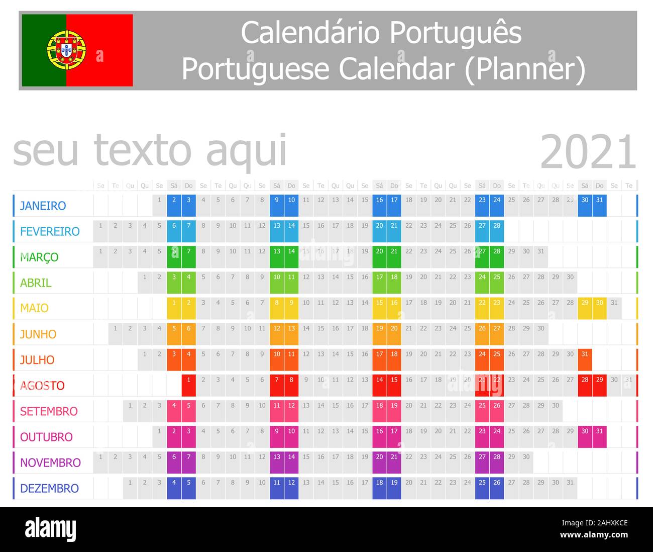 2021 Portuguese Planner Calendar with Horizontal Months on white ...
