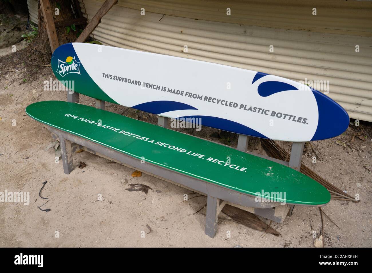 A bench made out of recycled plastic bottles in Siargao,Philippines ...