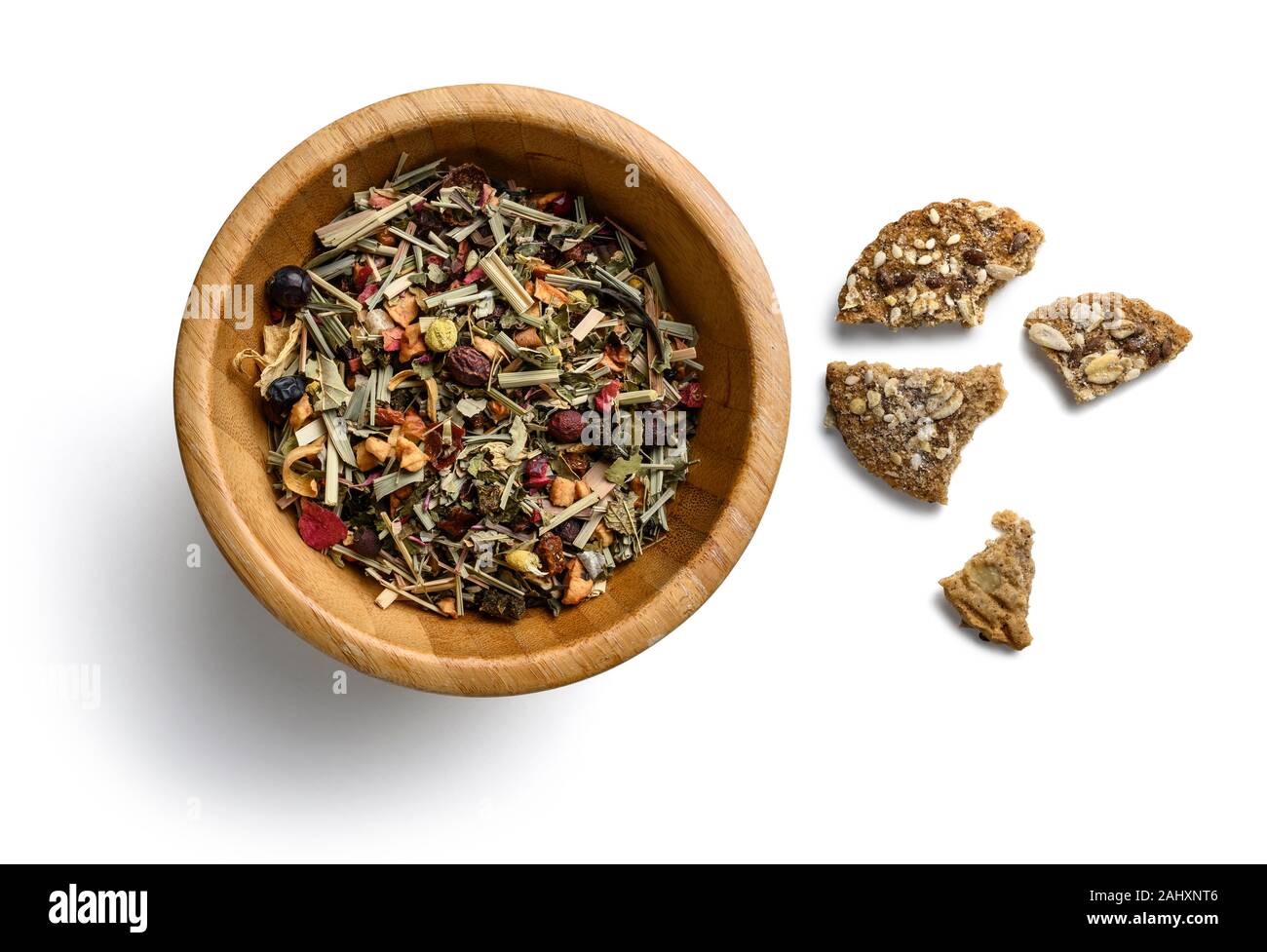 Green tea with natural aromatic additives. Top view on white background ...