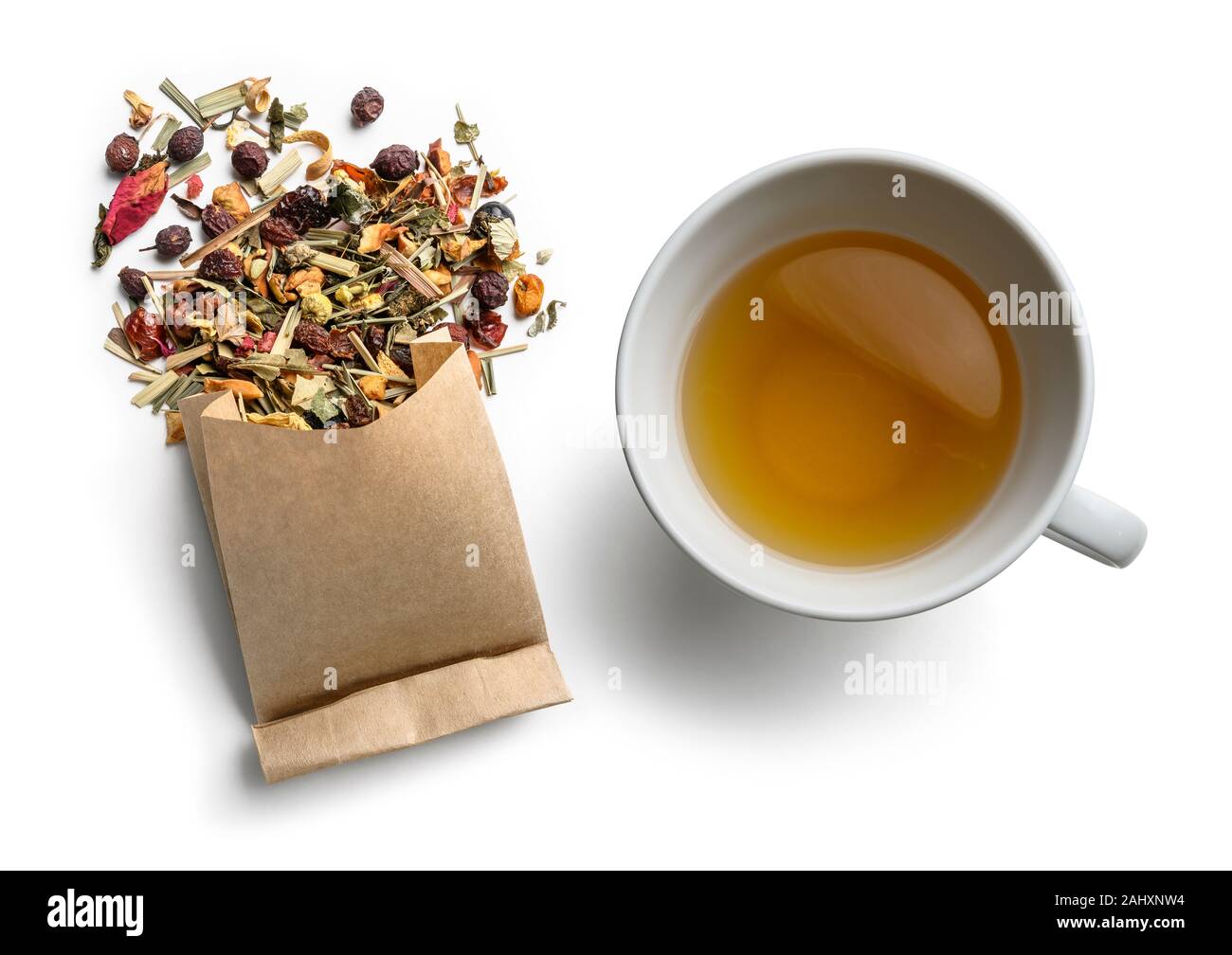 Green tea with natural aromatic additives and a Cup of tea. Top view on ...