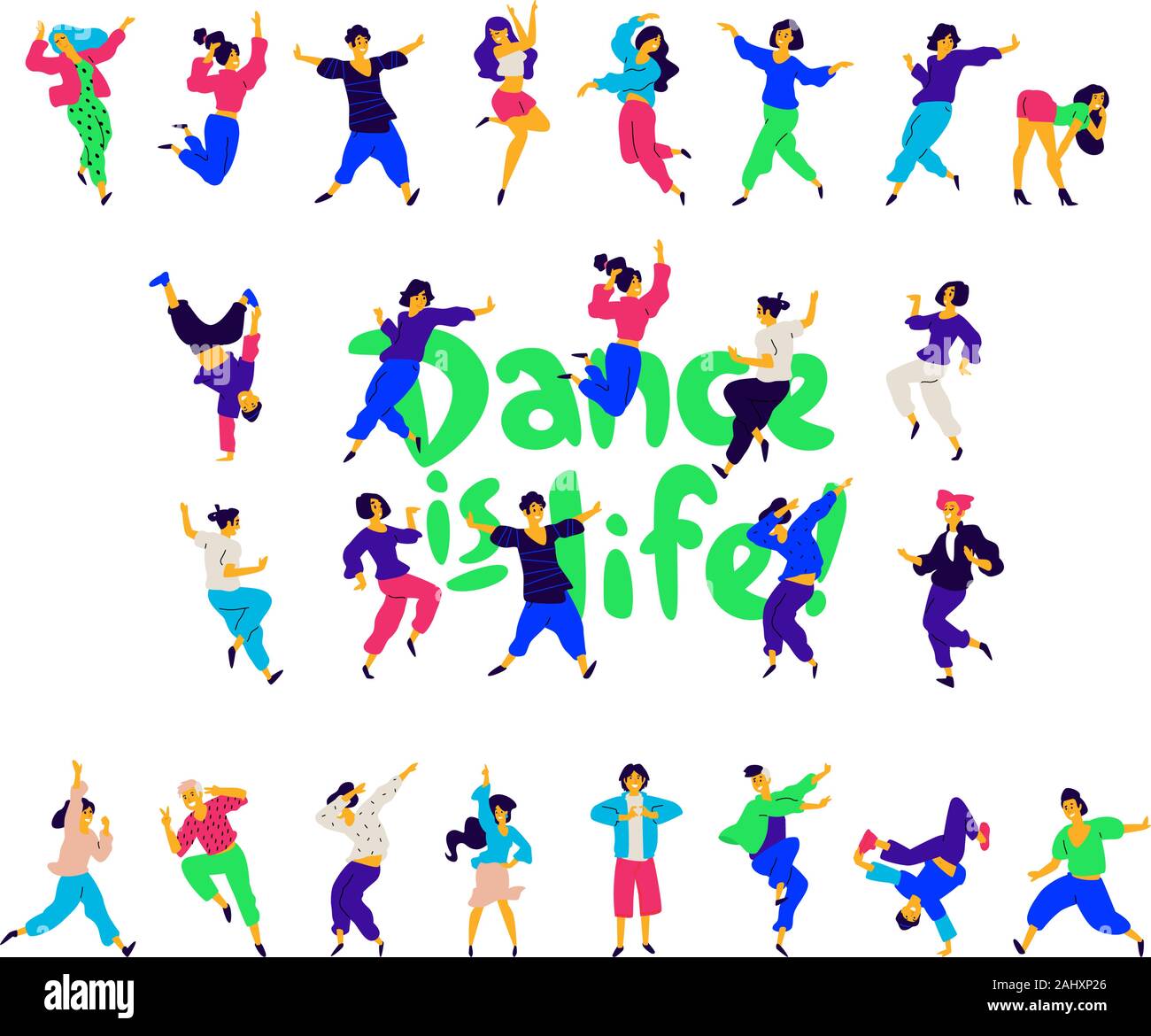 A group of dancing people around the inscription Dance is life. Vector ...